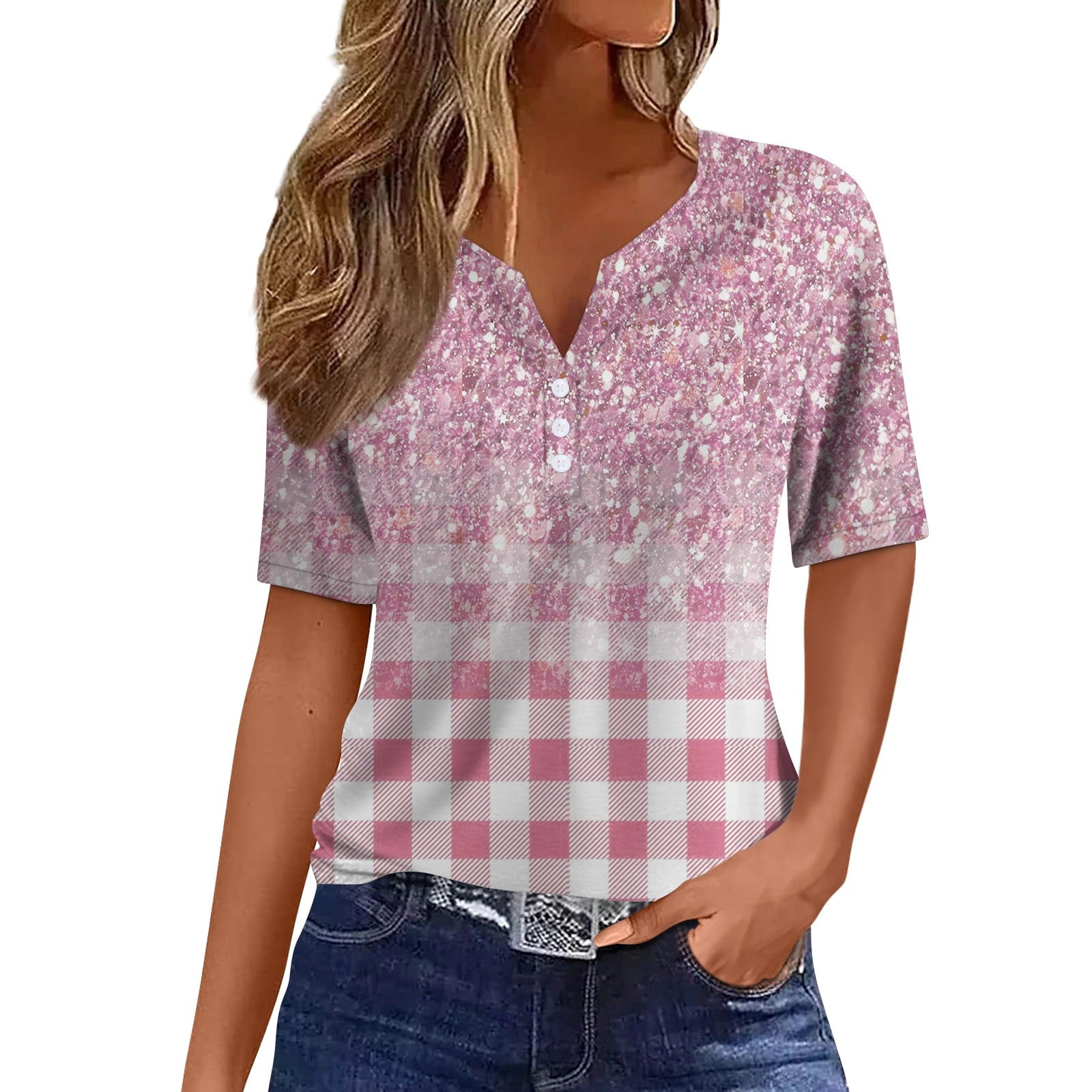 Qcmgmg Womens Tops Henley Neck Buttons Sexy Shirts Short Sleeve Dressy