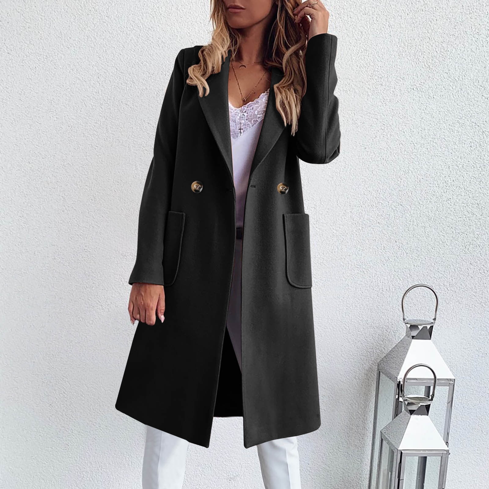 Qeaghou Clearance Womens Trench Coat Winter Notch Lapel Double Breasted ...