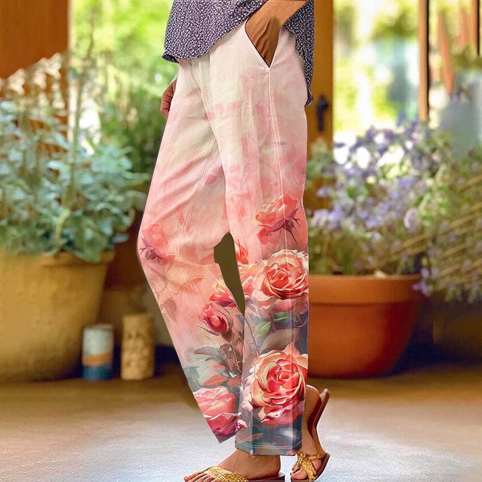 Qeaghou High Waisted Linen Pants Women Summer Casual Floral Printed ...