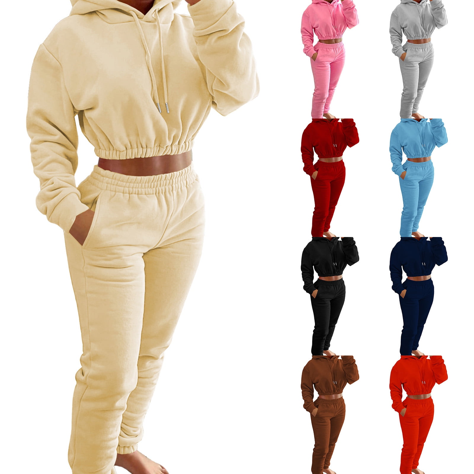 Qeaghou Women 2 Piece Tracksuit Outfits Long Sleeve Crop Hoodies ...