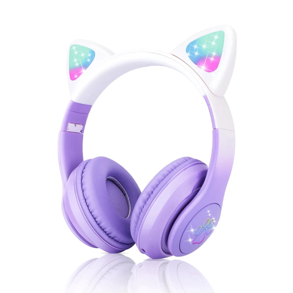 Qearfun Flash Light Cute Cat Ear Headphones Wireless with Mic Can close ...