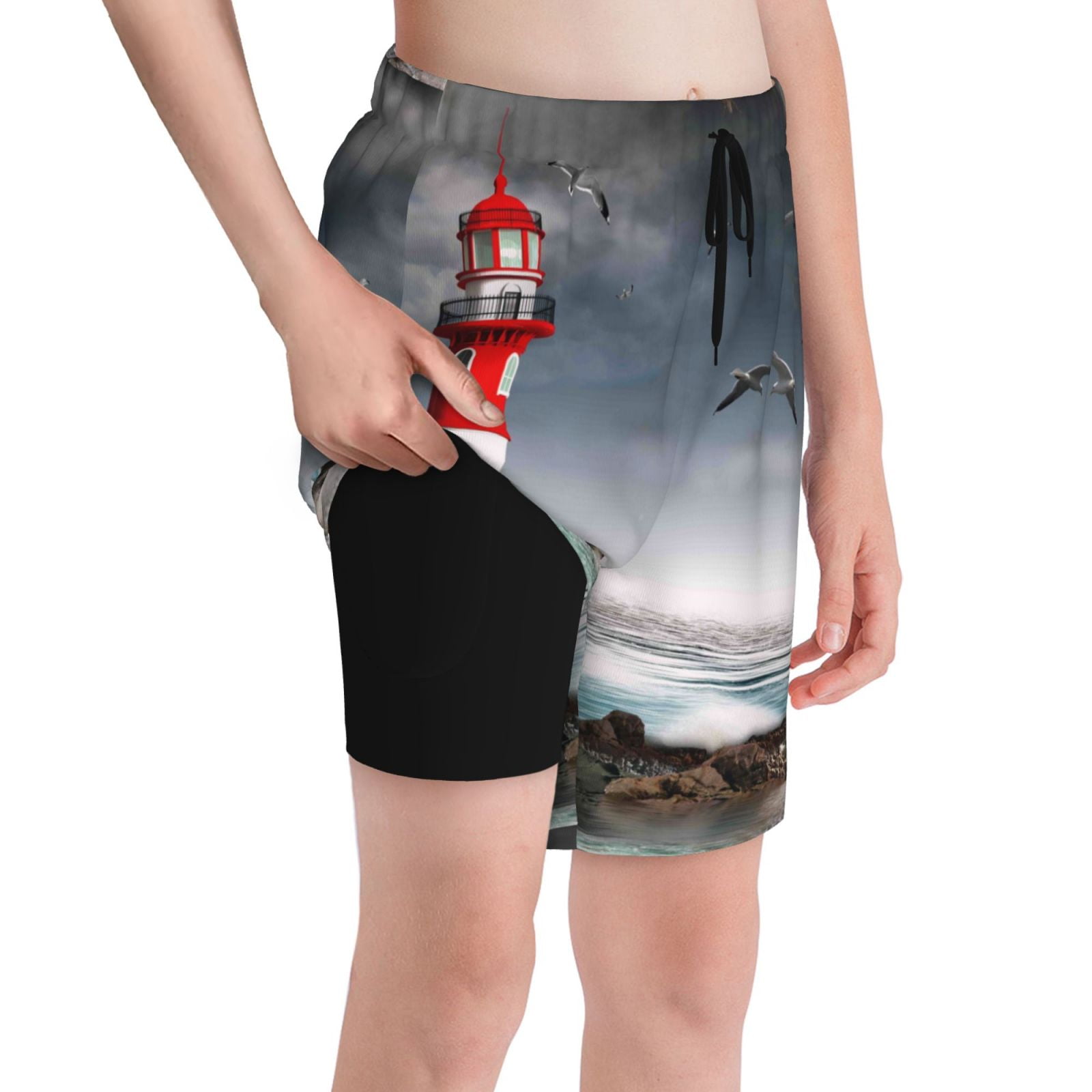Qekee 3d Lighthouse in the Surf Print Boys Swim Trunks,Compression ...