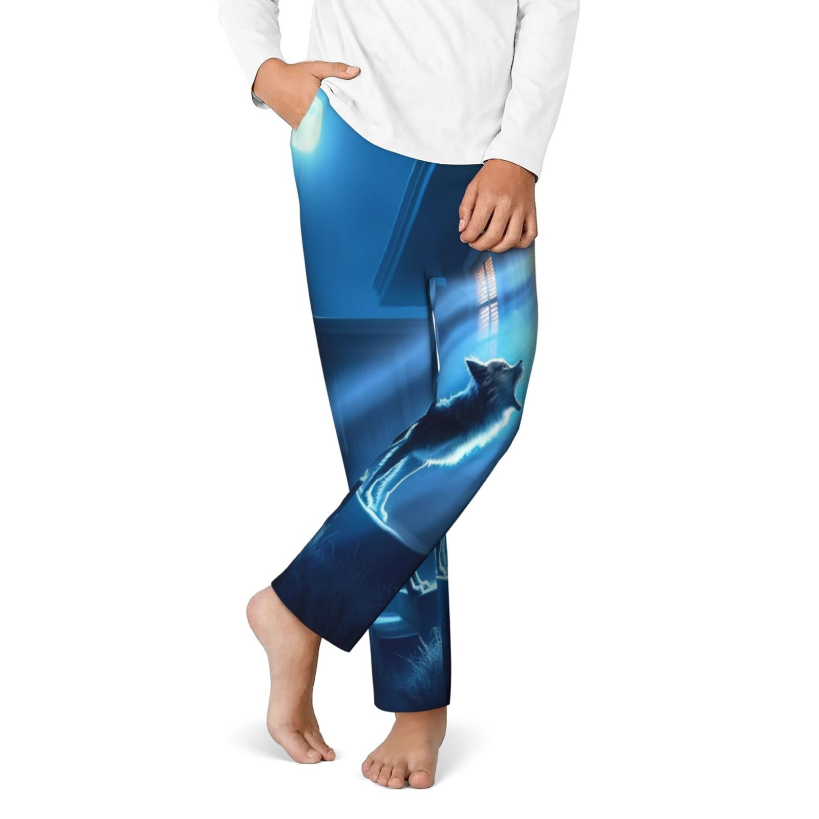 Qekee A Wolf Barks Out A Window Print Kids Pajama Pants, Teenagers ...