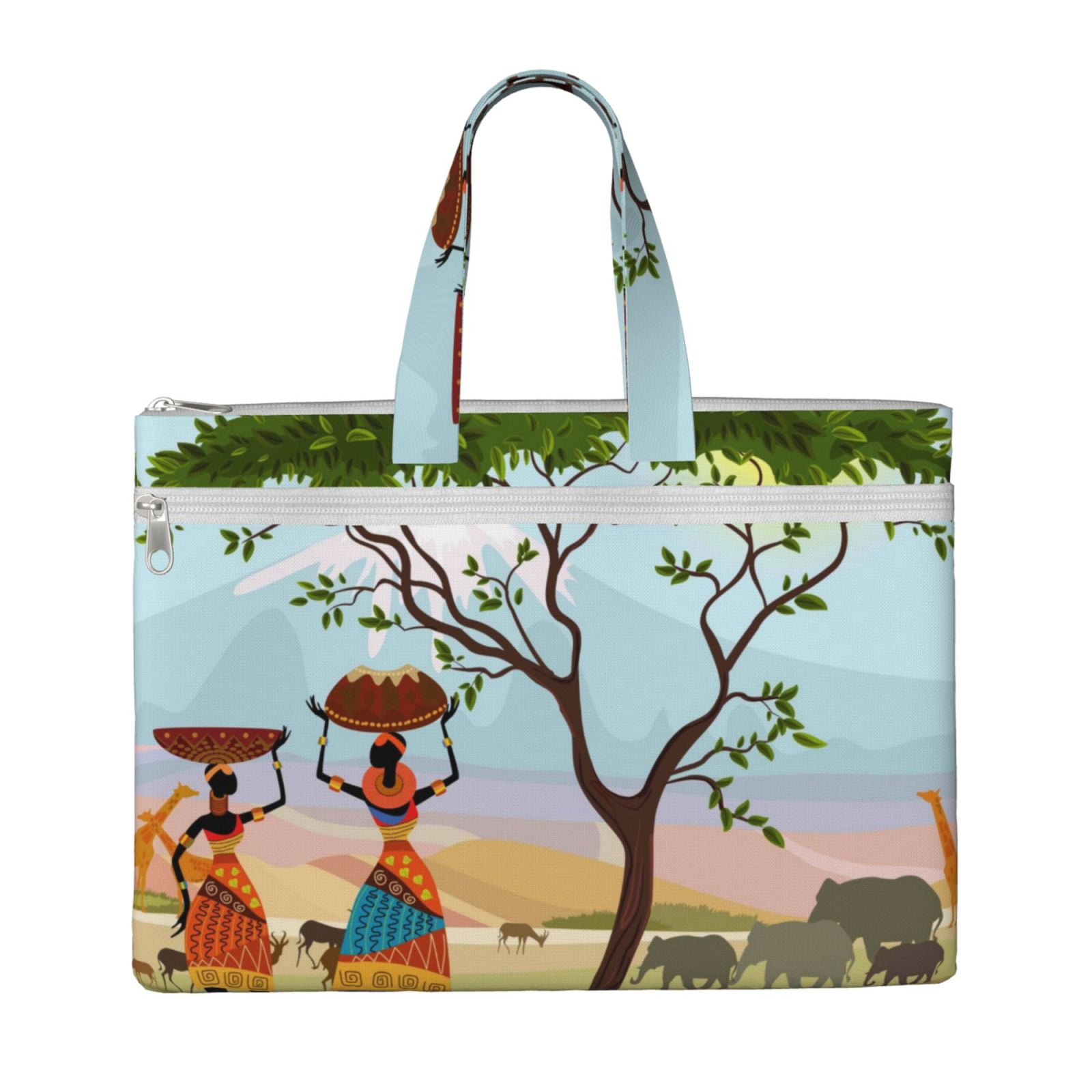 Qekee African Women Print Canvas Tote Bag Zippered,Zipper File Bag ...