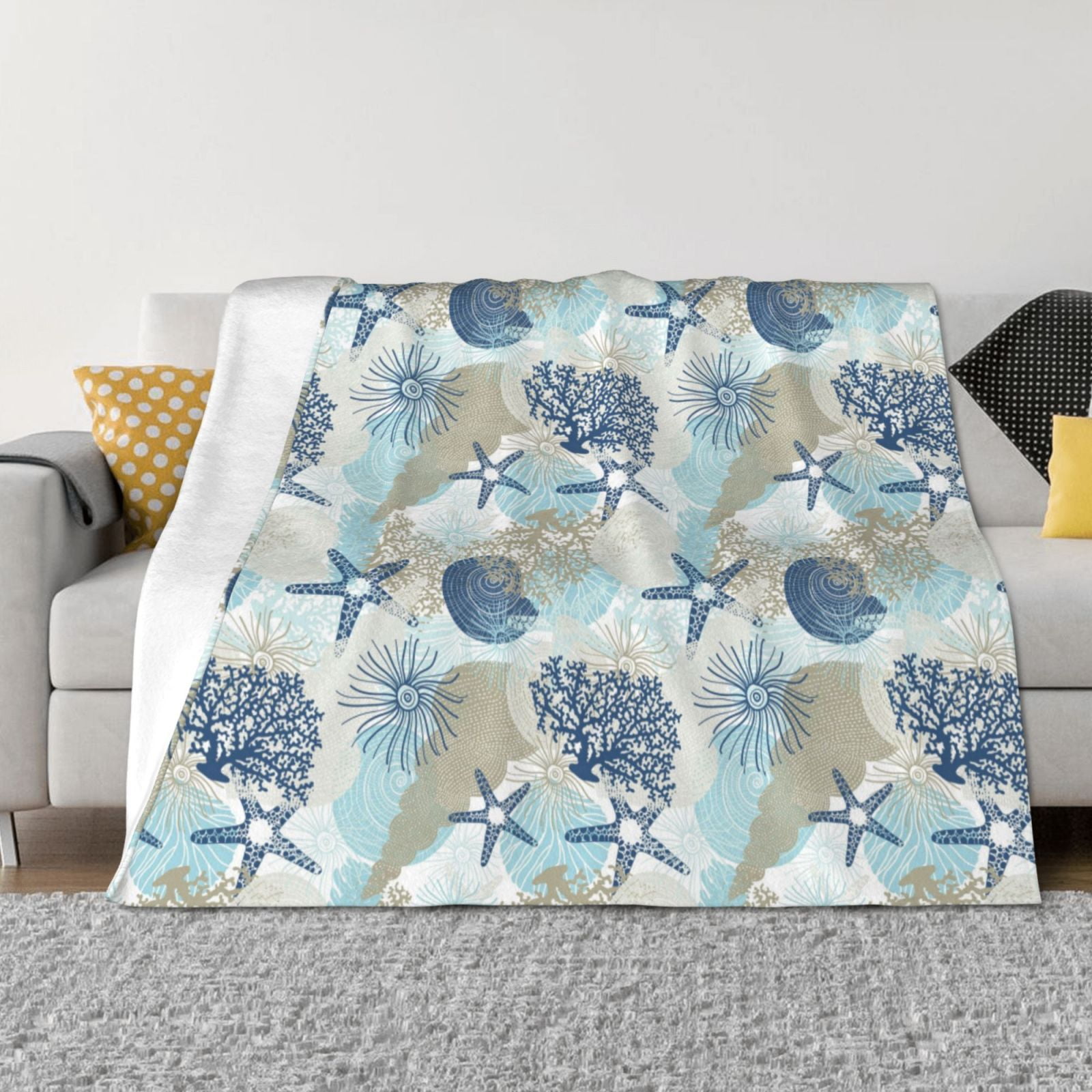 Qekee Algae Corals and Seashells print Throw Blanket, Cotton Flannel ...