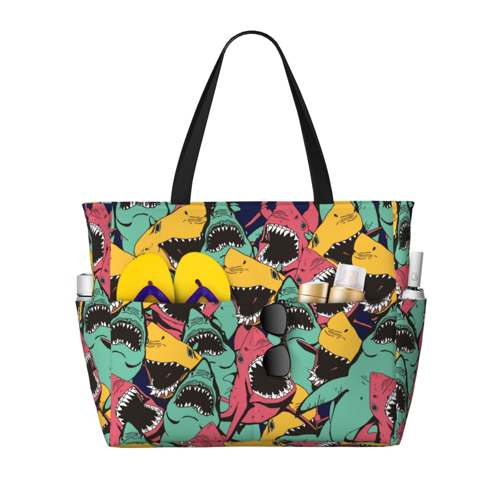 Qekee Angry Shark Pattern Beach Bag for Women Oversized beach tote ...
