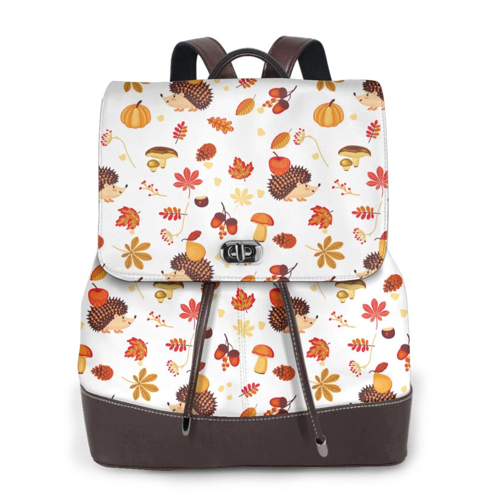 Qekee Autumn Maple Leaf with Hedgehog Print Leather Backpack Purse for ...