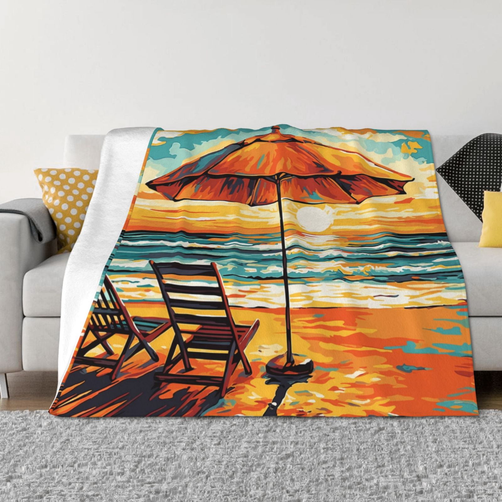 Qekee Beach Umbrella Sunset Print Throw Blanket, Flannel Home Decor ...