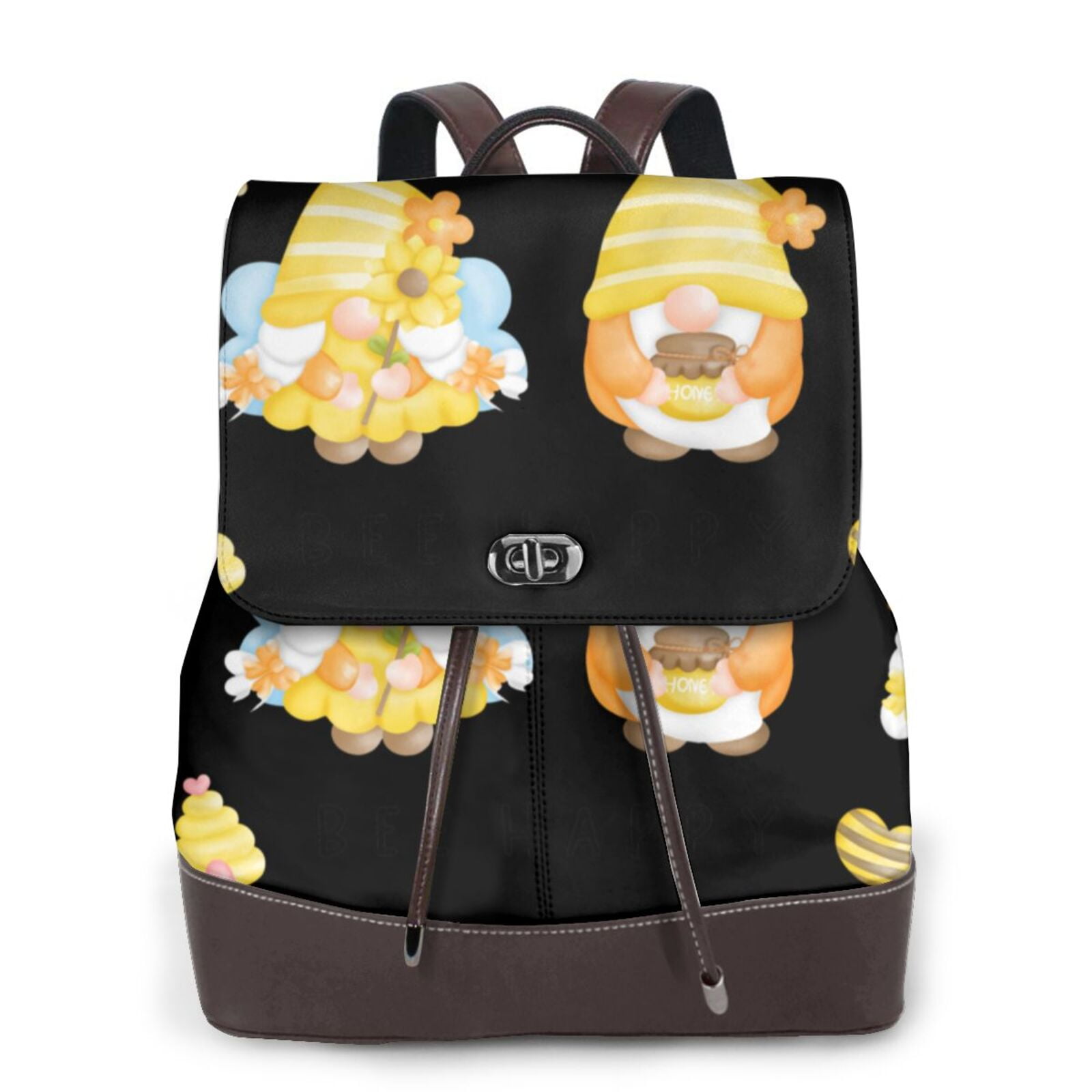 Qekee Bee Happy Sunflower Gnomes Print Leather Backpack Purse for Women ...