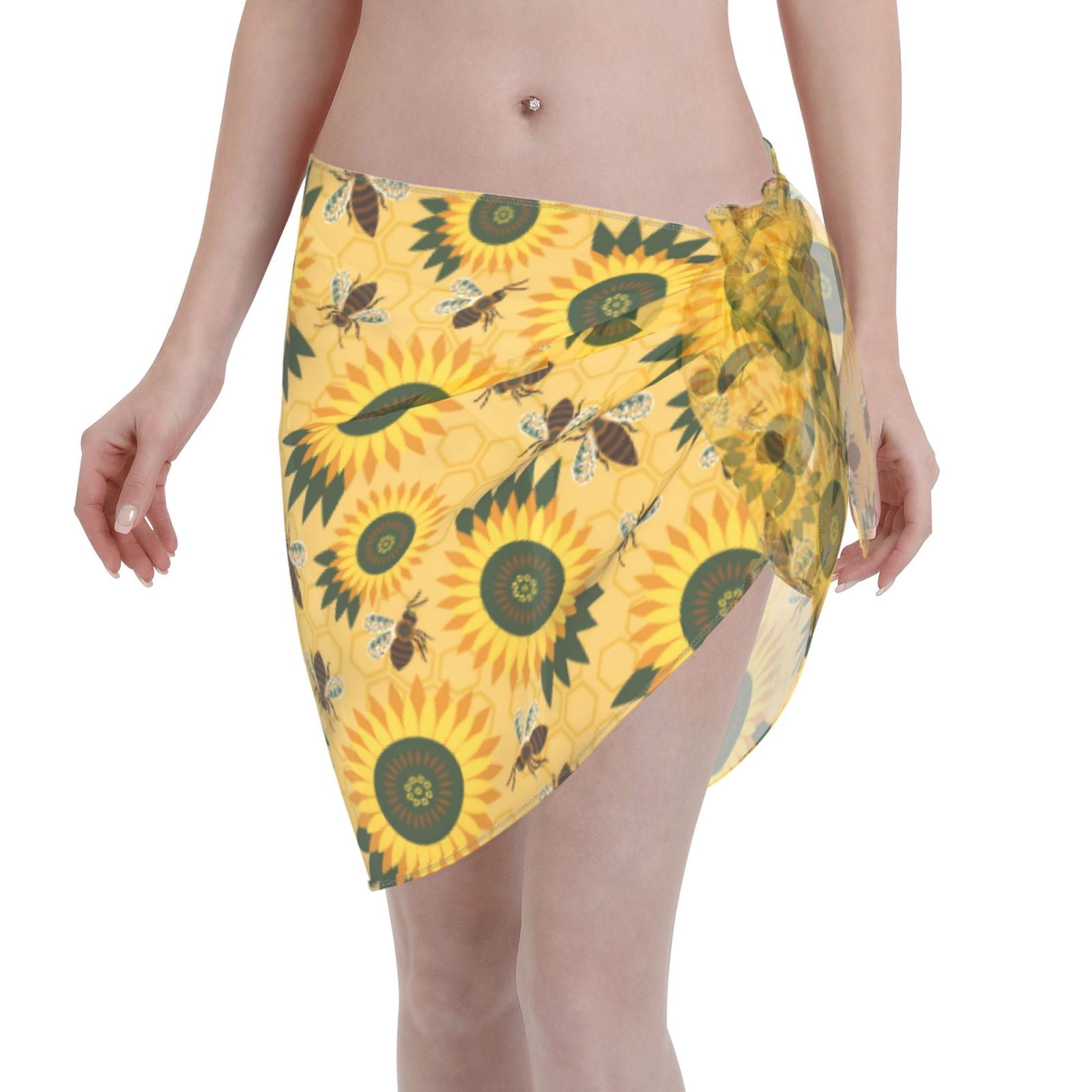 Qekee Bees and Sunflowers Women's Short Sarongs Cover Ups Sheer Bikini Wraps for Swimwear ...