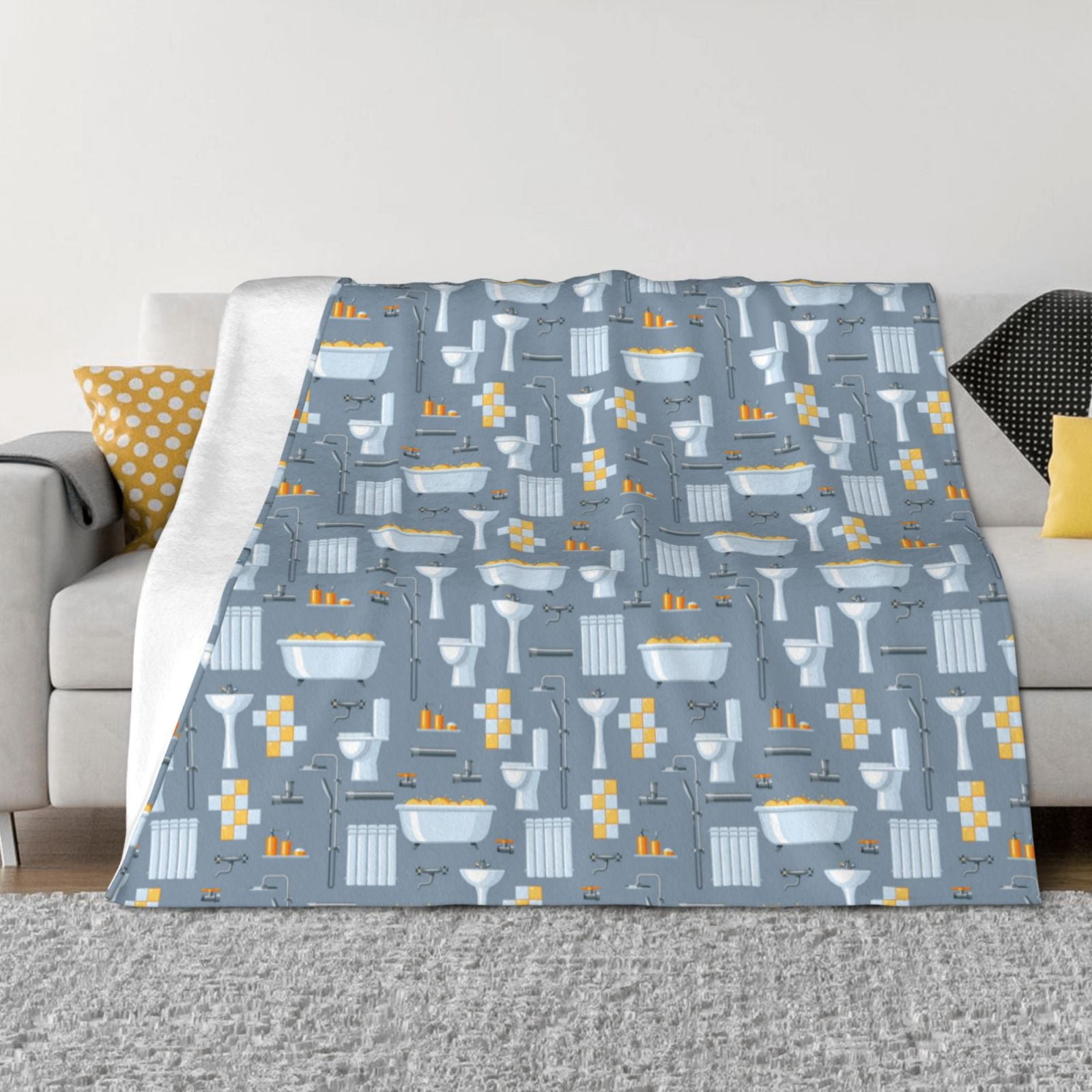 Qekee Blue Bathroom print Throw Blanket, Cotton Flannel Home Decor, All ...
