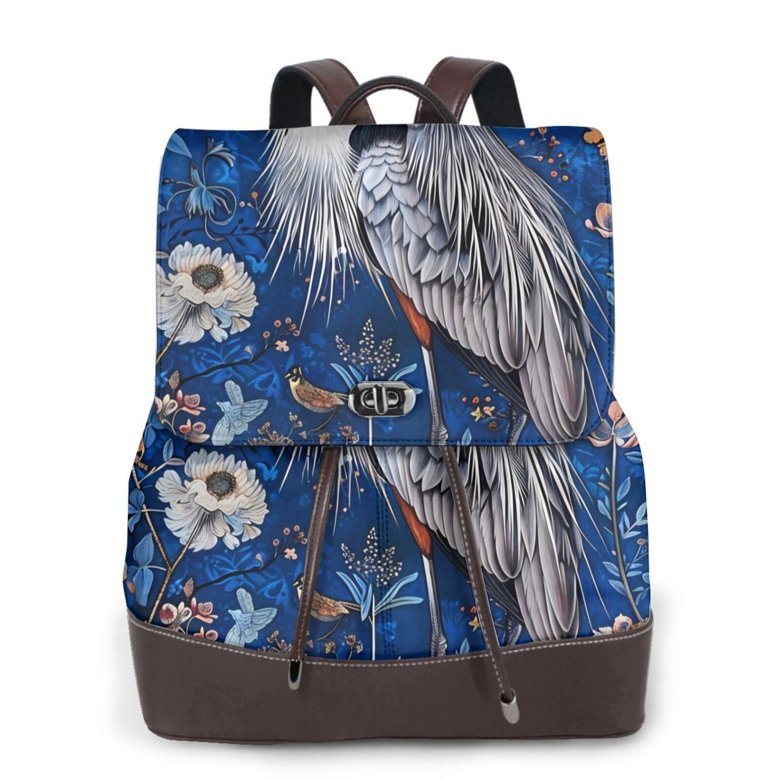 Qekee Blue Heron Floral Garden Print Leather Backpack Purse for Women ...