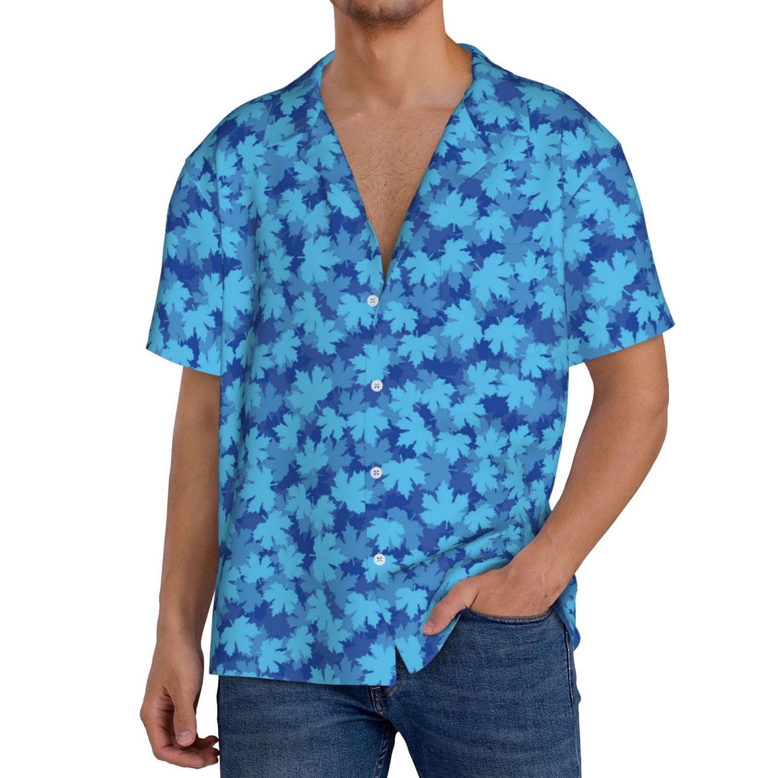 Qekee Blue Maple Leaf Pattern Men's Casual Short-sleeved Shirt, Button ...