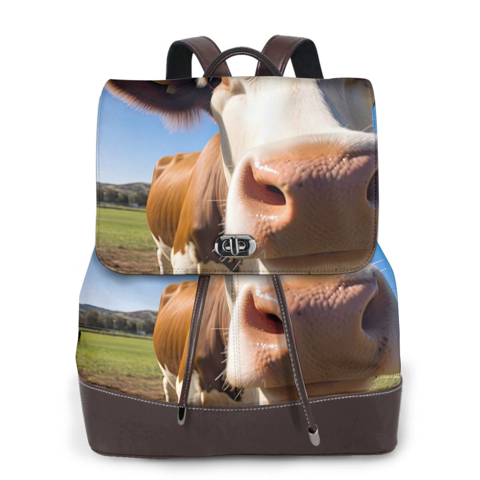 Qekee Blue Sky Meadow Cute Cow Print Leather Backpack Purse for Women ...