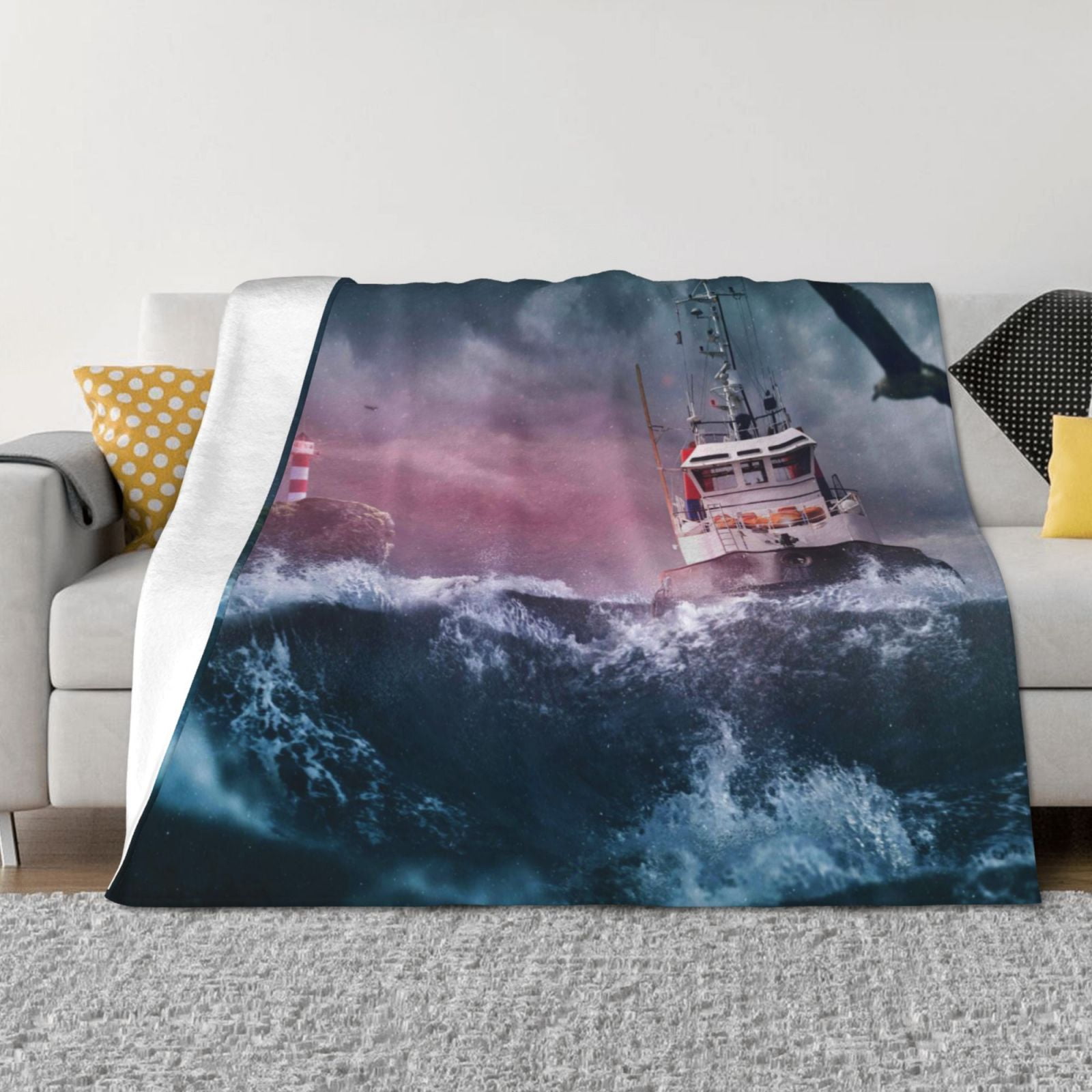 Qekee Boat Lighthouse Storm Waves print Throw Blanket, Cotton Flannel ...