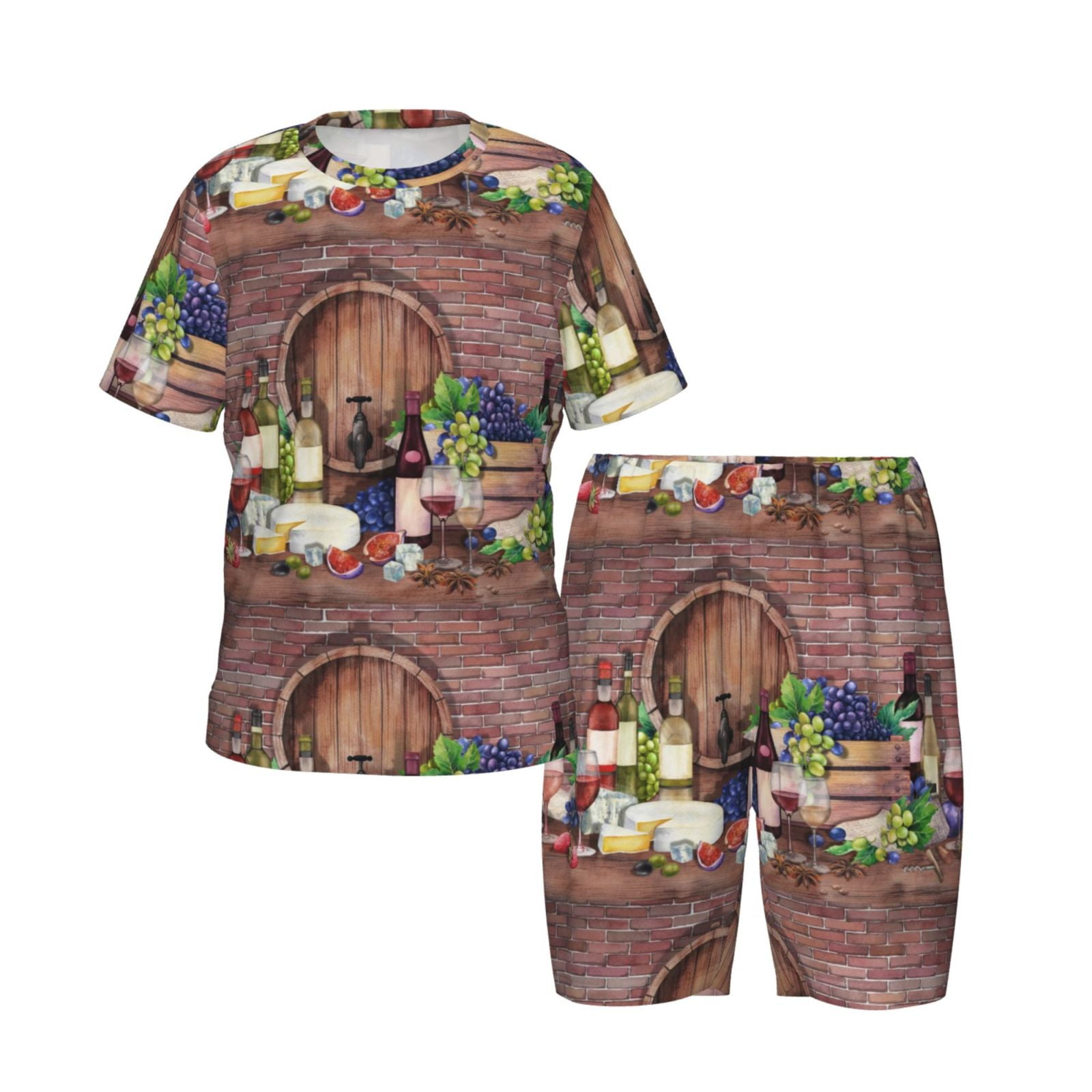 Qekee Bottle Glass Red Wine print Short-Sleeved Summer Pajama Set for ...