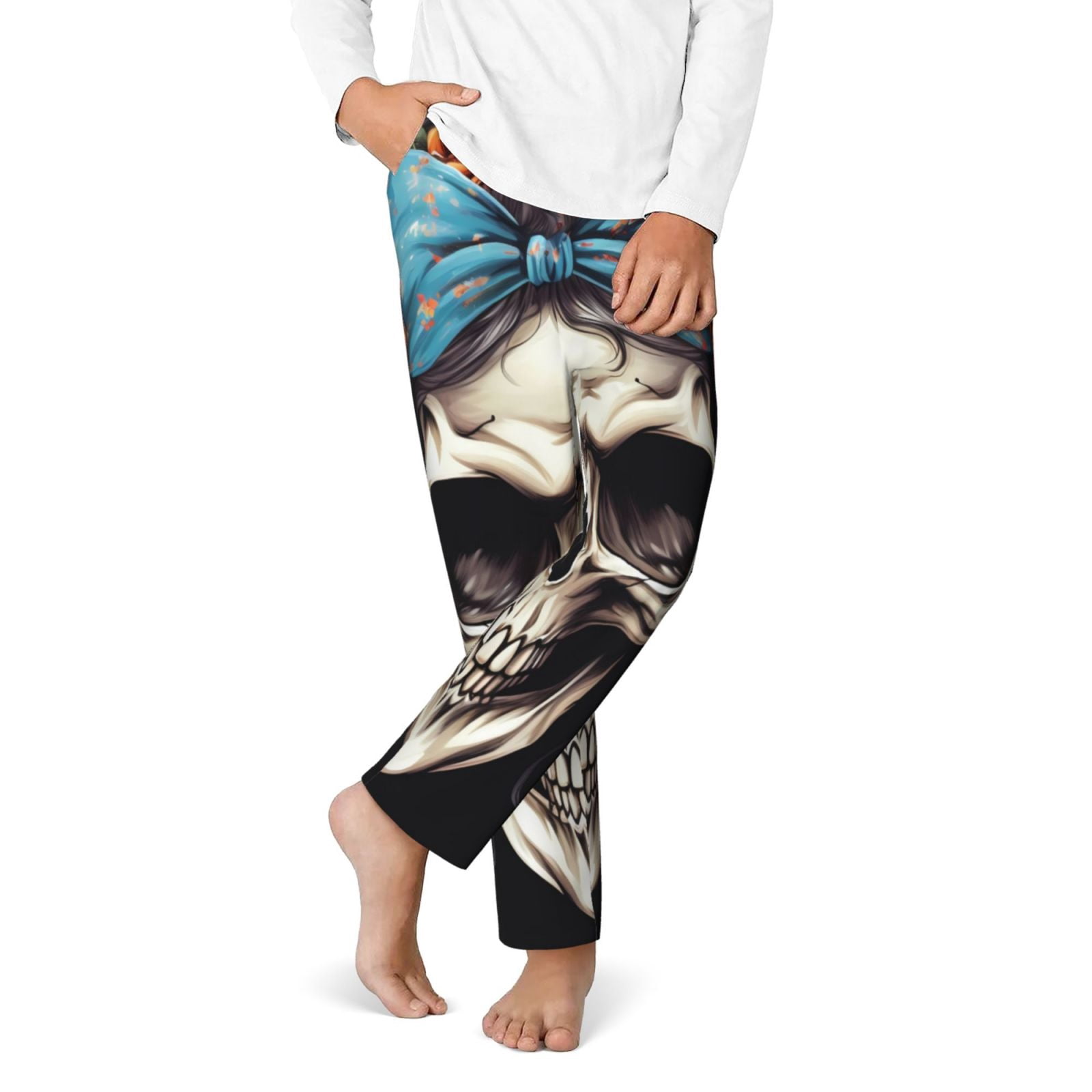 Qekee Bow Flower Skull Print Kids Pajama Pants, Teenagers' Bottom ...