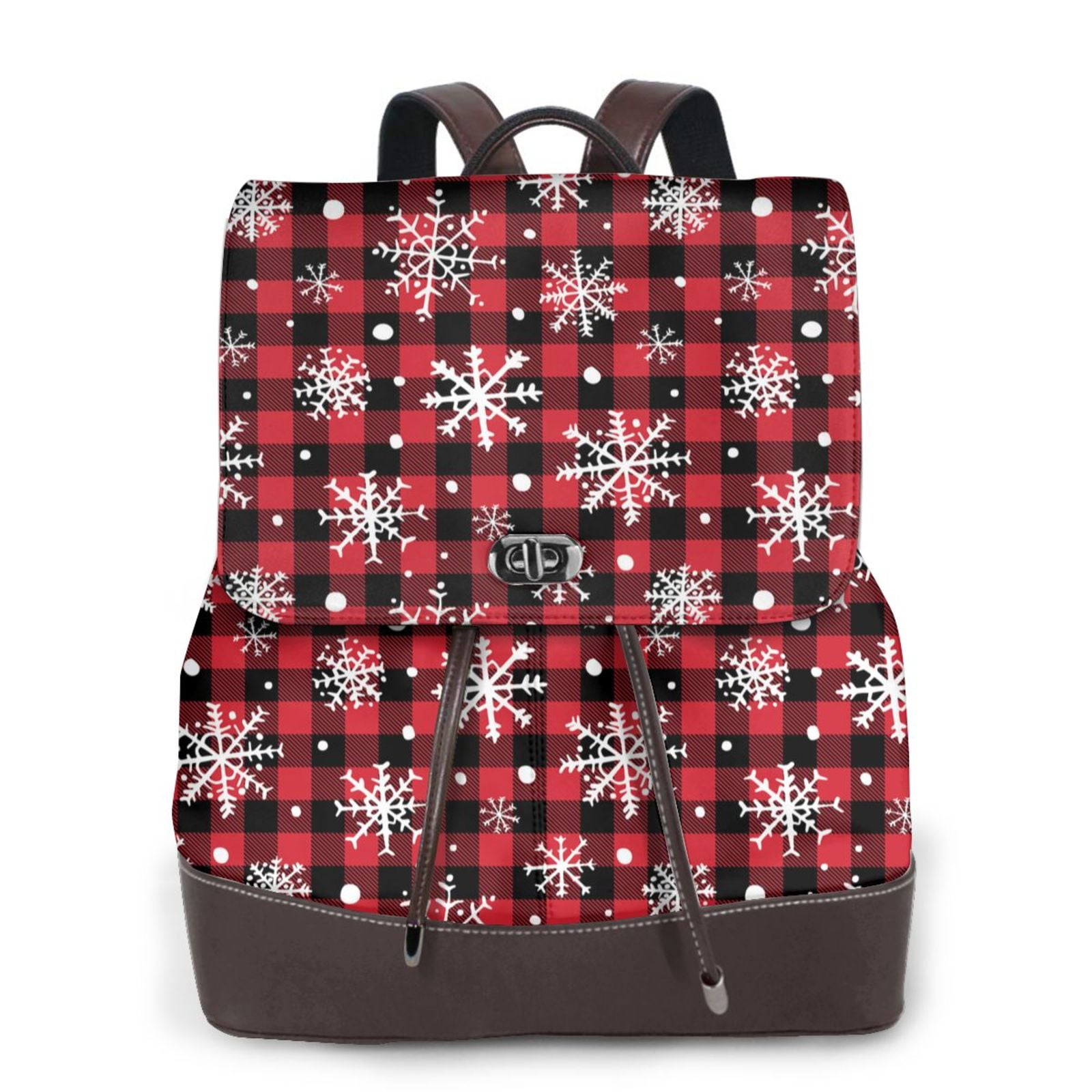 Qekee Buffalo Plaid Snowflakes Print Leather Backpack Purse for Women ...