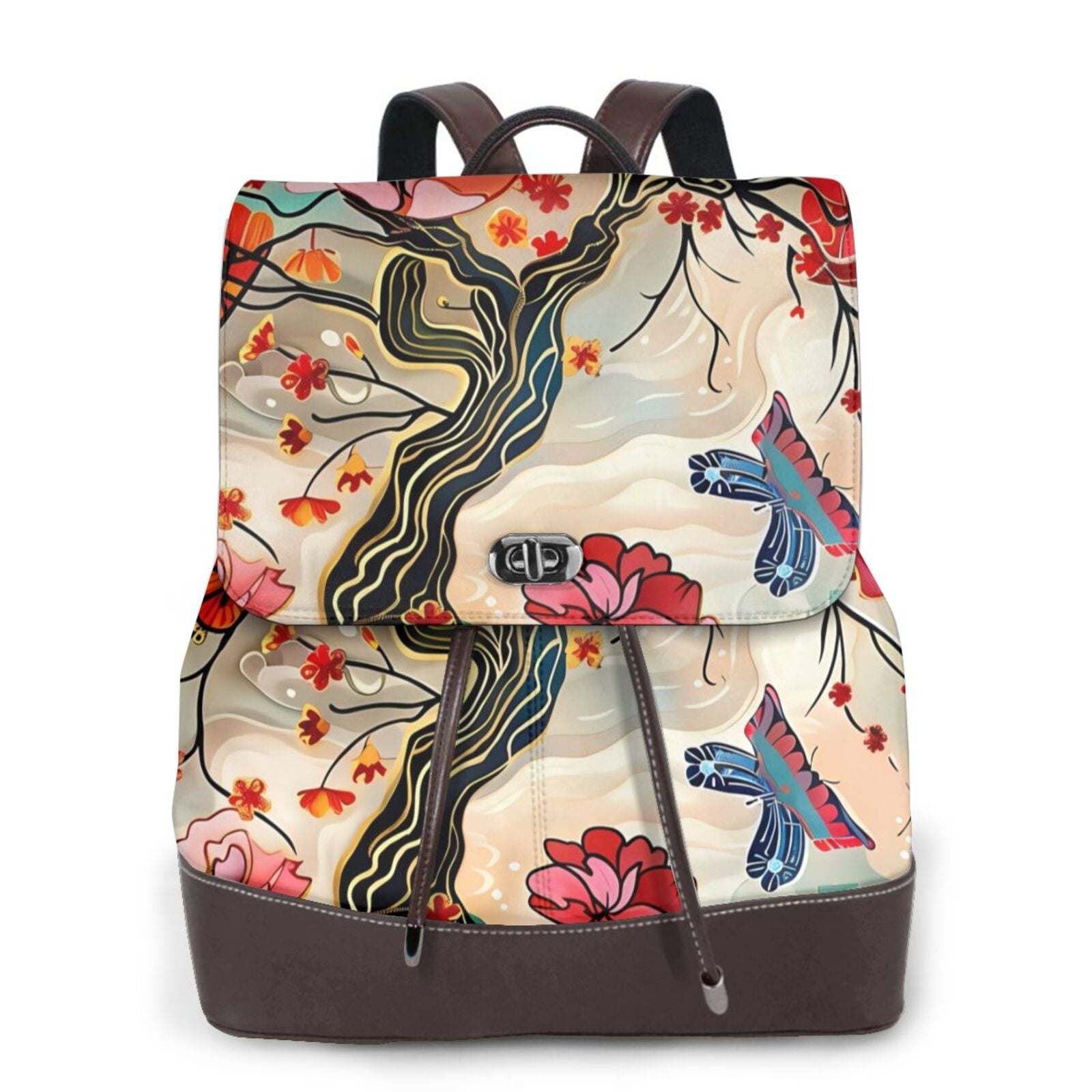 Qekee Butterflies And Flowers Painting Print Leather Backpack Purse for ...