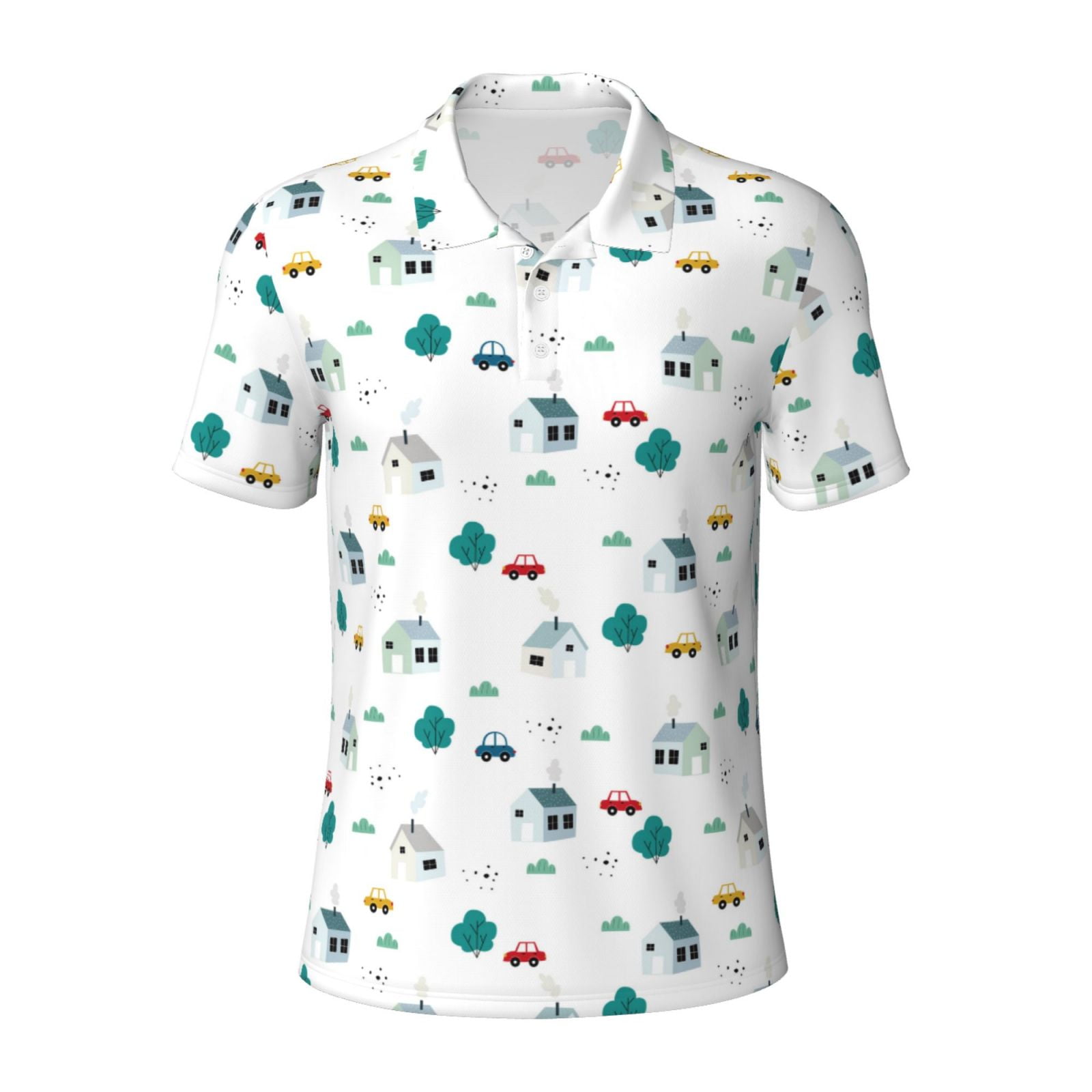 Qekee Cartoon House Car for Mens Polo Shirts Casual Short Sleeve Button ...