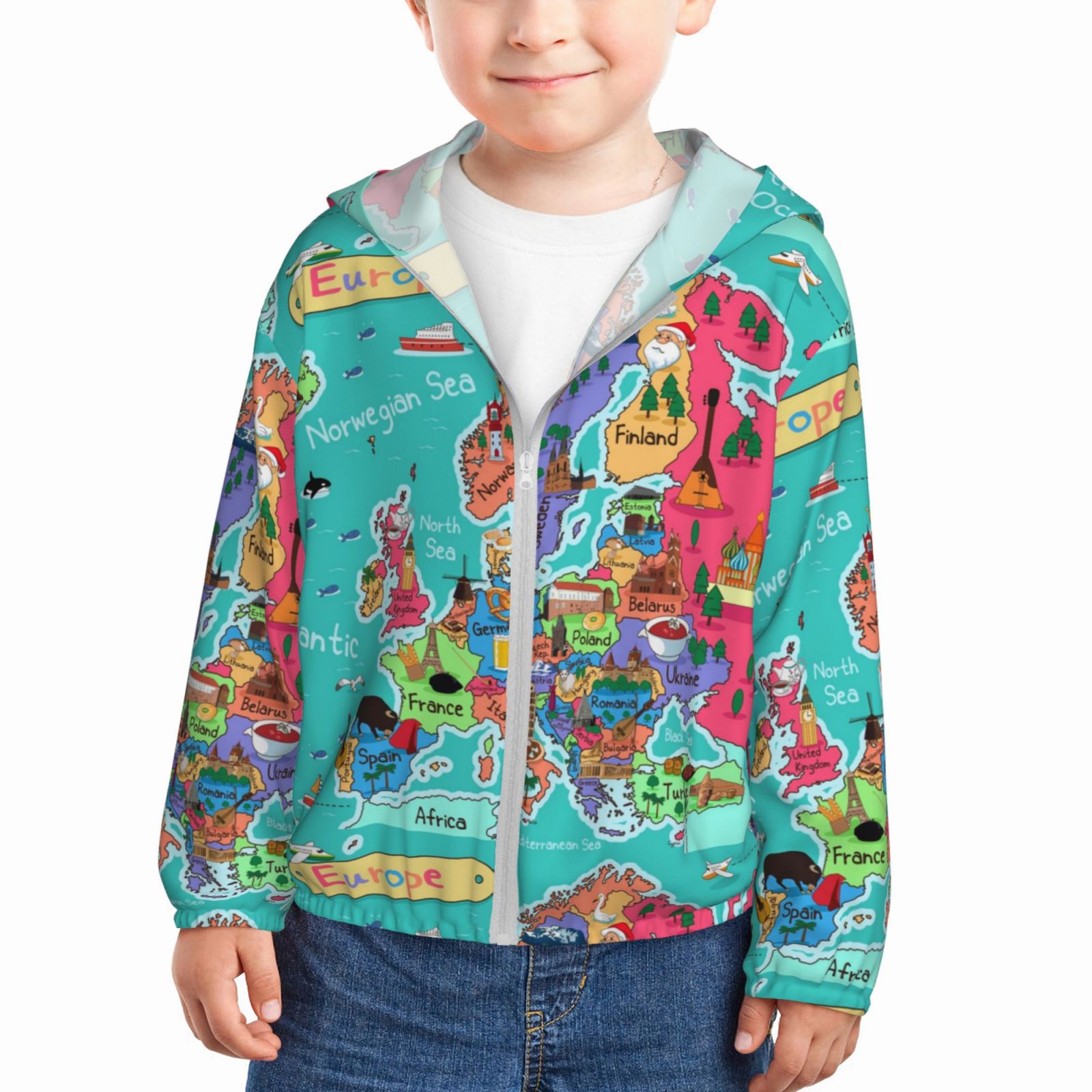 Qekee Cartoon Map Of Europe Boy's and Girl's Long Sleeve Zipper Rash Guard, UV Protection ...