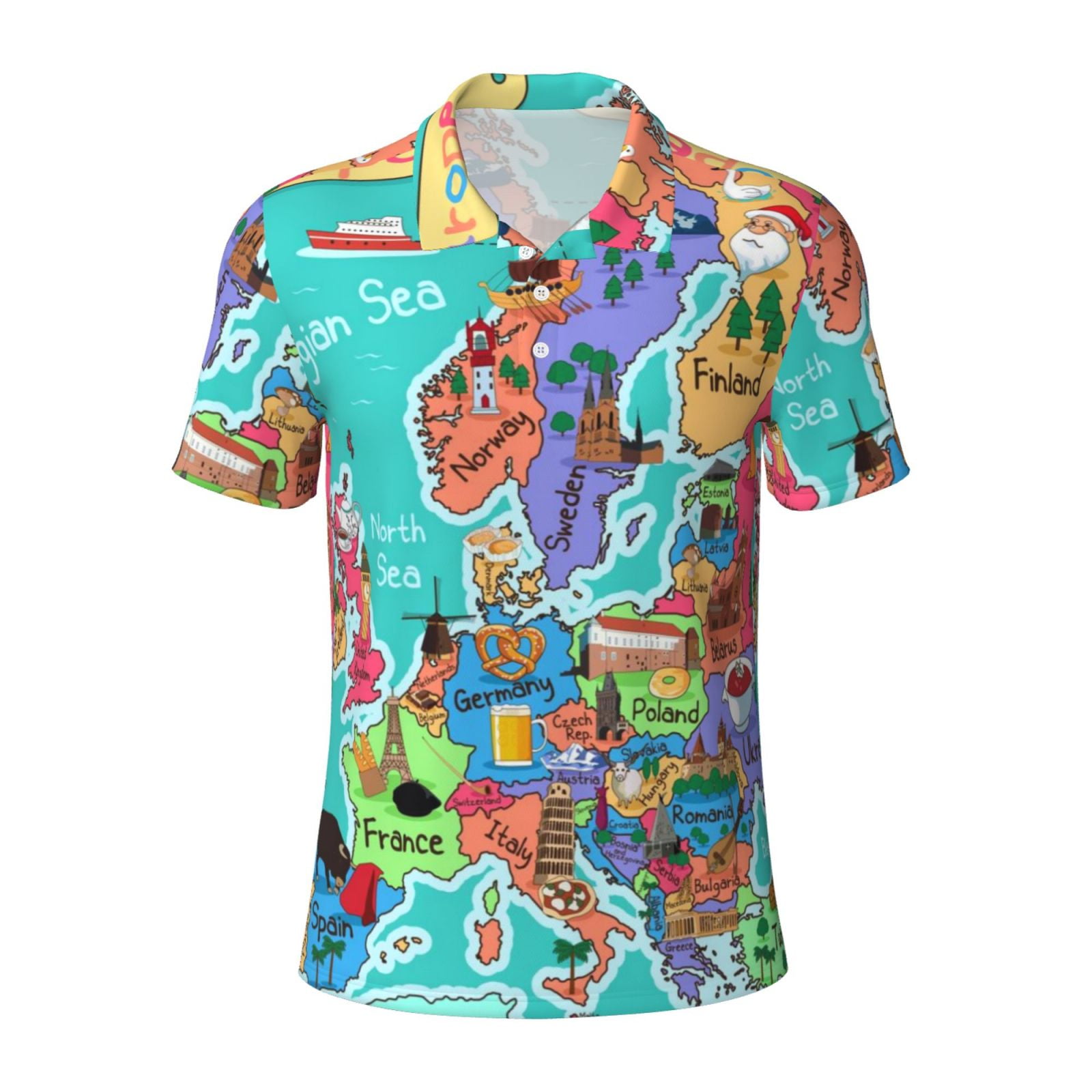 Qekee Cartoon Map Of Europe for Mens Polo Shirts Casual Short Sleeve ...