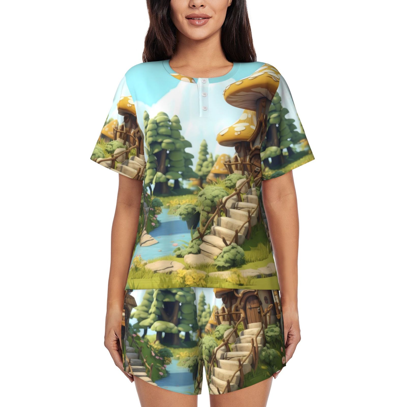 Qekee Cartoon Mushroom House Women's Pajama Set Short Sleeve Sleepwear ...
