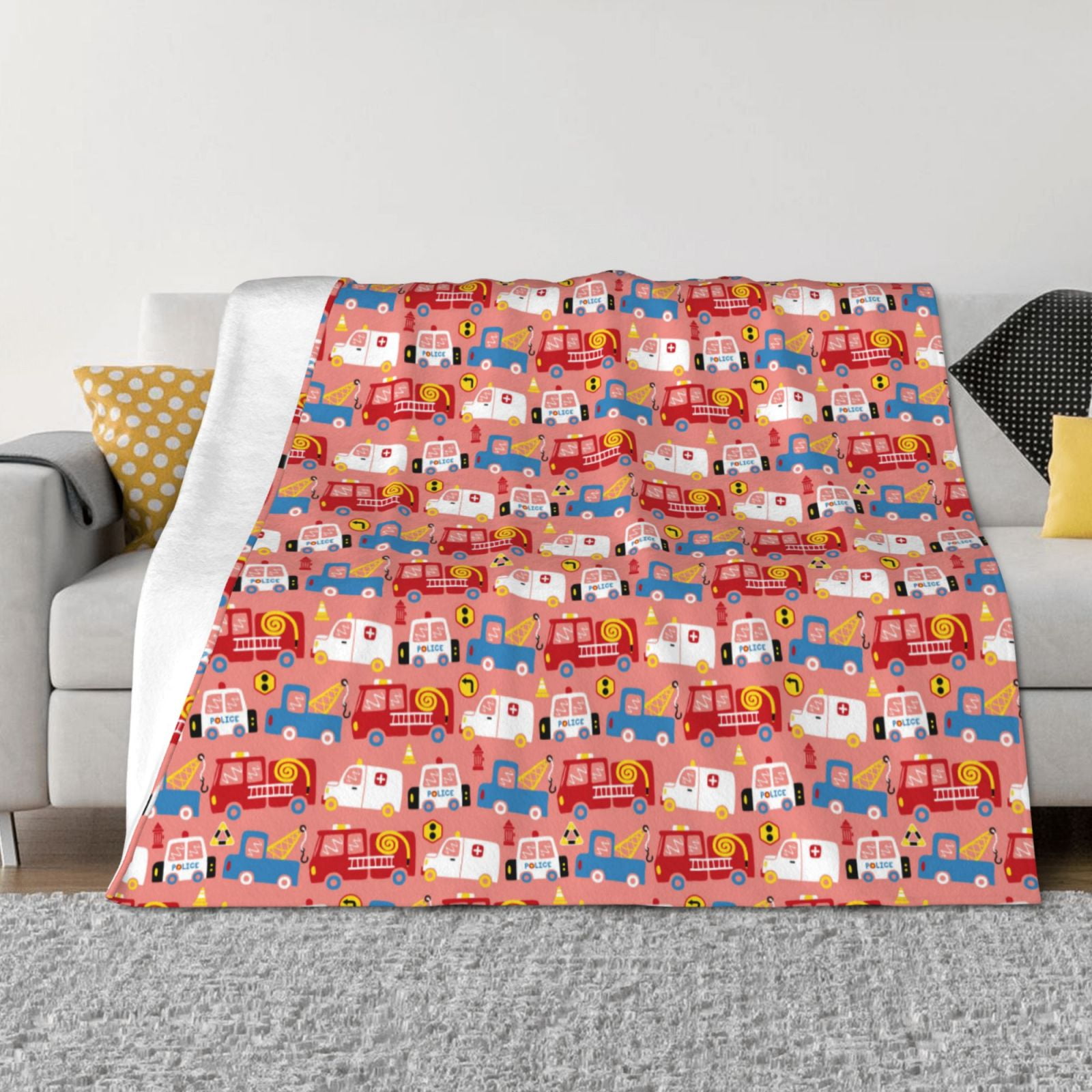 Qekee Cartoon with Traffic Elements print Throw Blanket, Cotton Flannel ...
