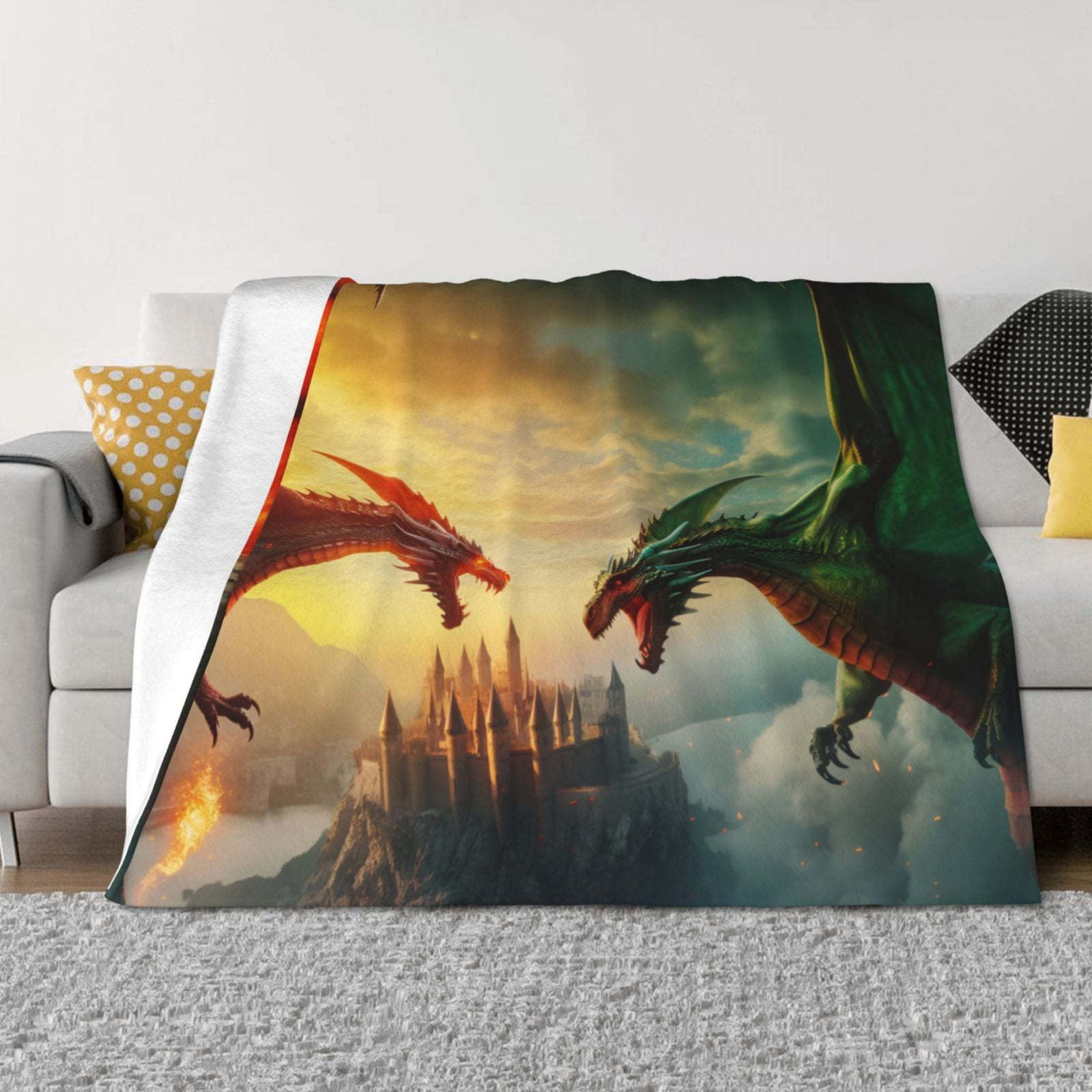 Qekee Castle Red Green Sky Dragon print Throw Blanket, Cotton Flannel ...