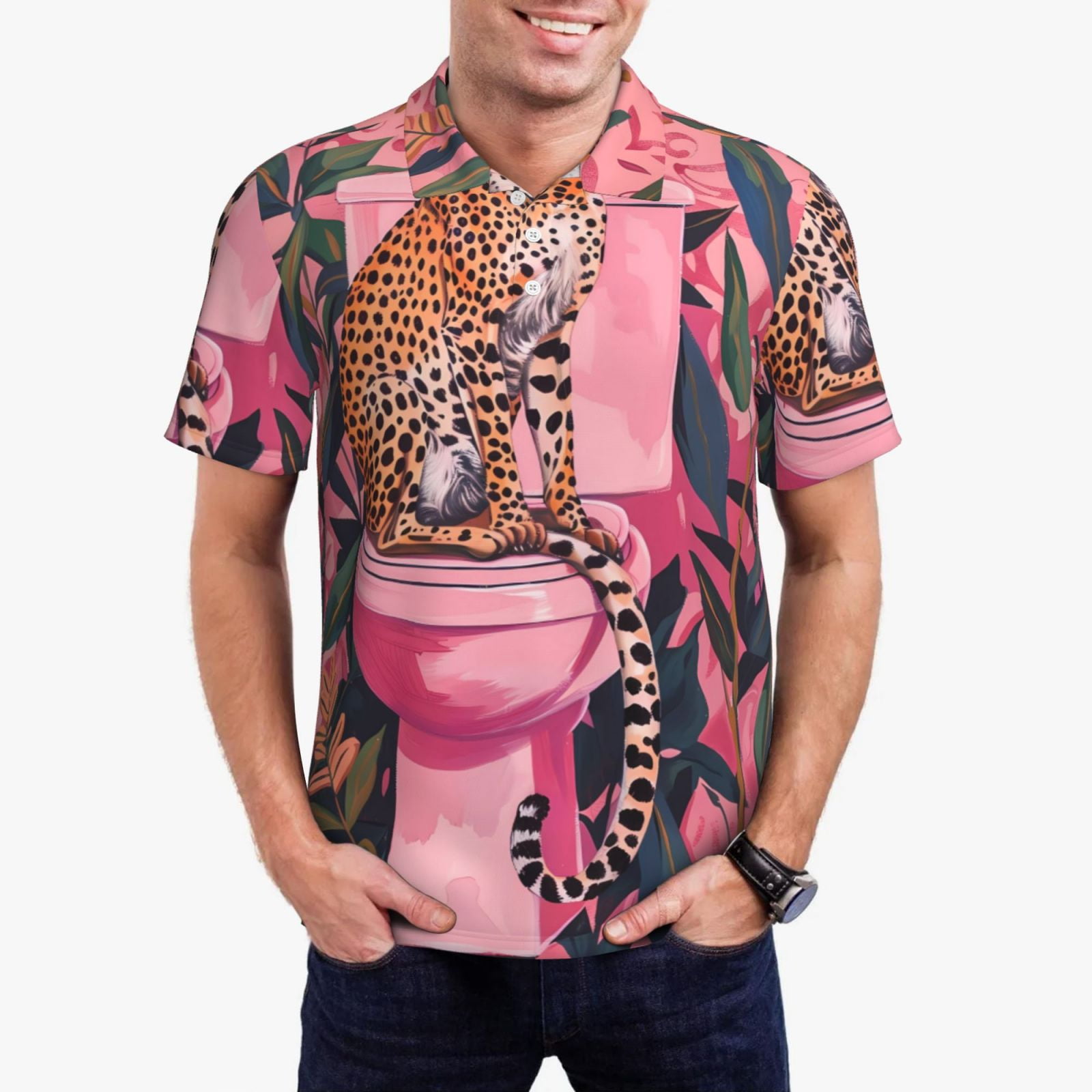 Qekee Cheetah On Toilet Humor Art for Mens Polo Shirts Casual Short ...