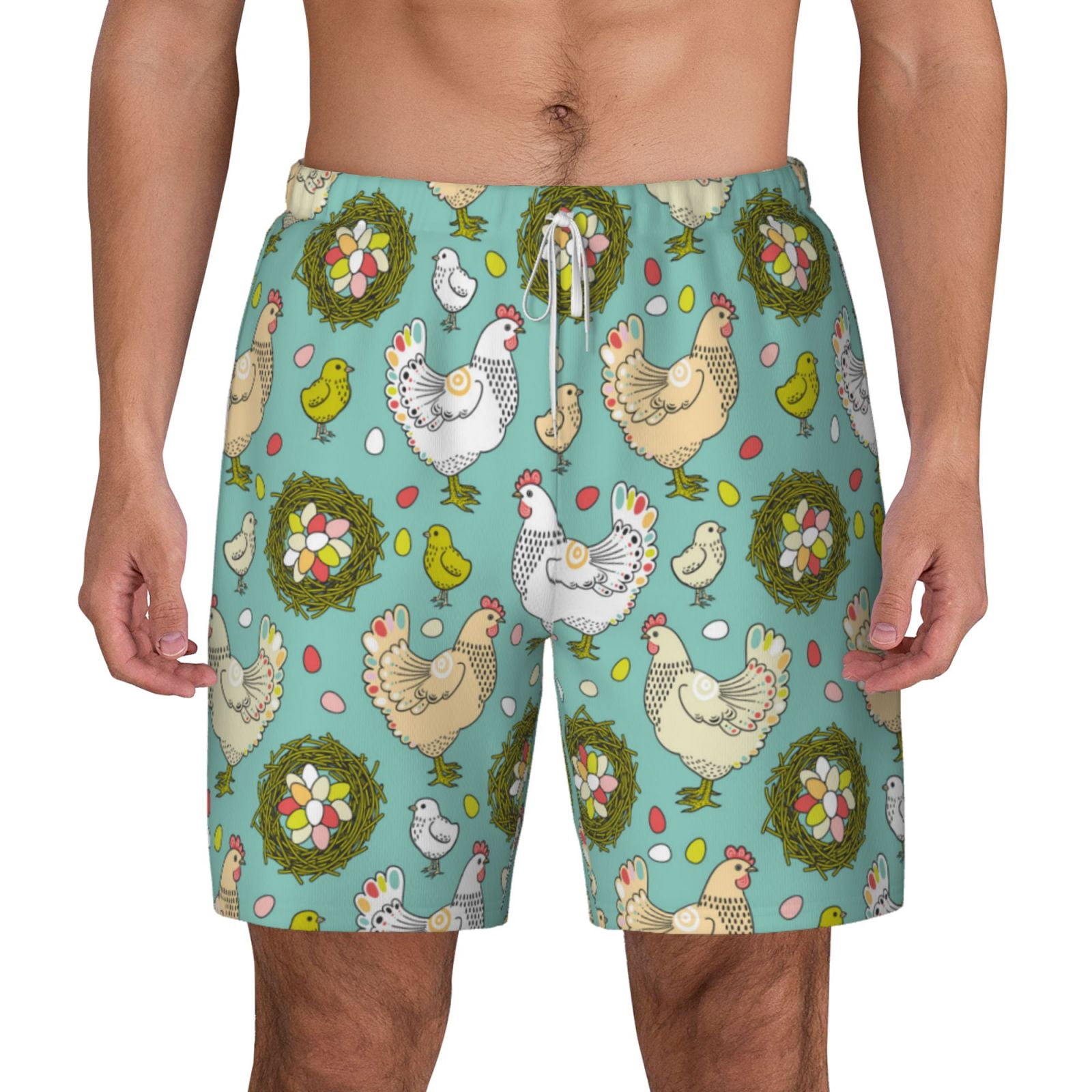 Qekee Chicken Laying Eggs print Mens Swim Quick Dry Stretch Swim Shorts ...