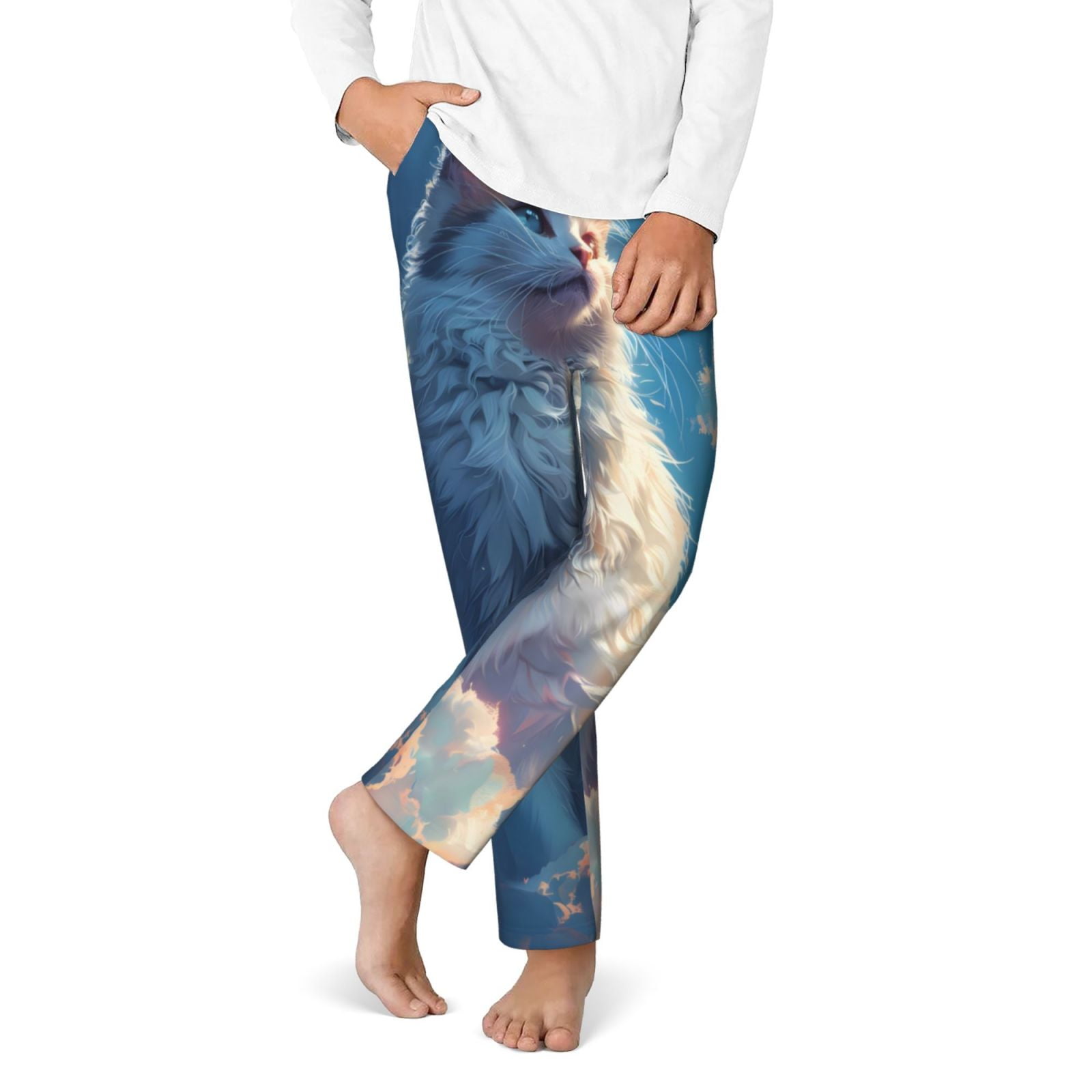 Qekee Clear Sky Blue Cat Print Kids Pajama Pants, Teenagers' Bottom ...