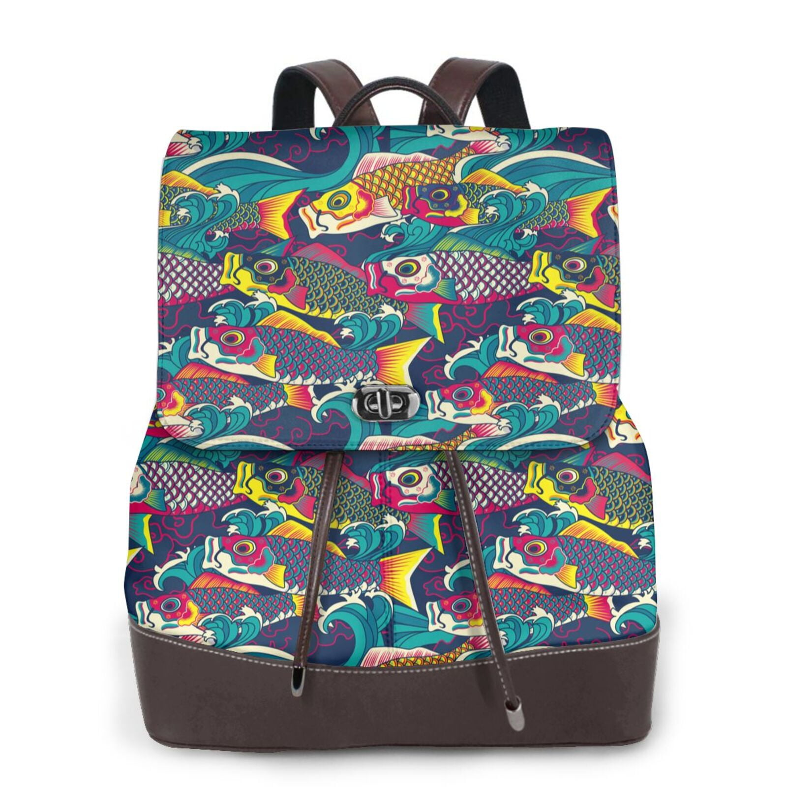 Qekee Colorful Carp Streamer Print Leather Backpack Purse for Women ...