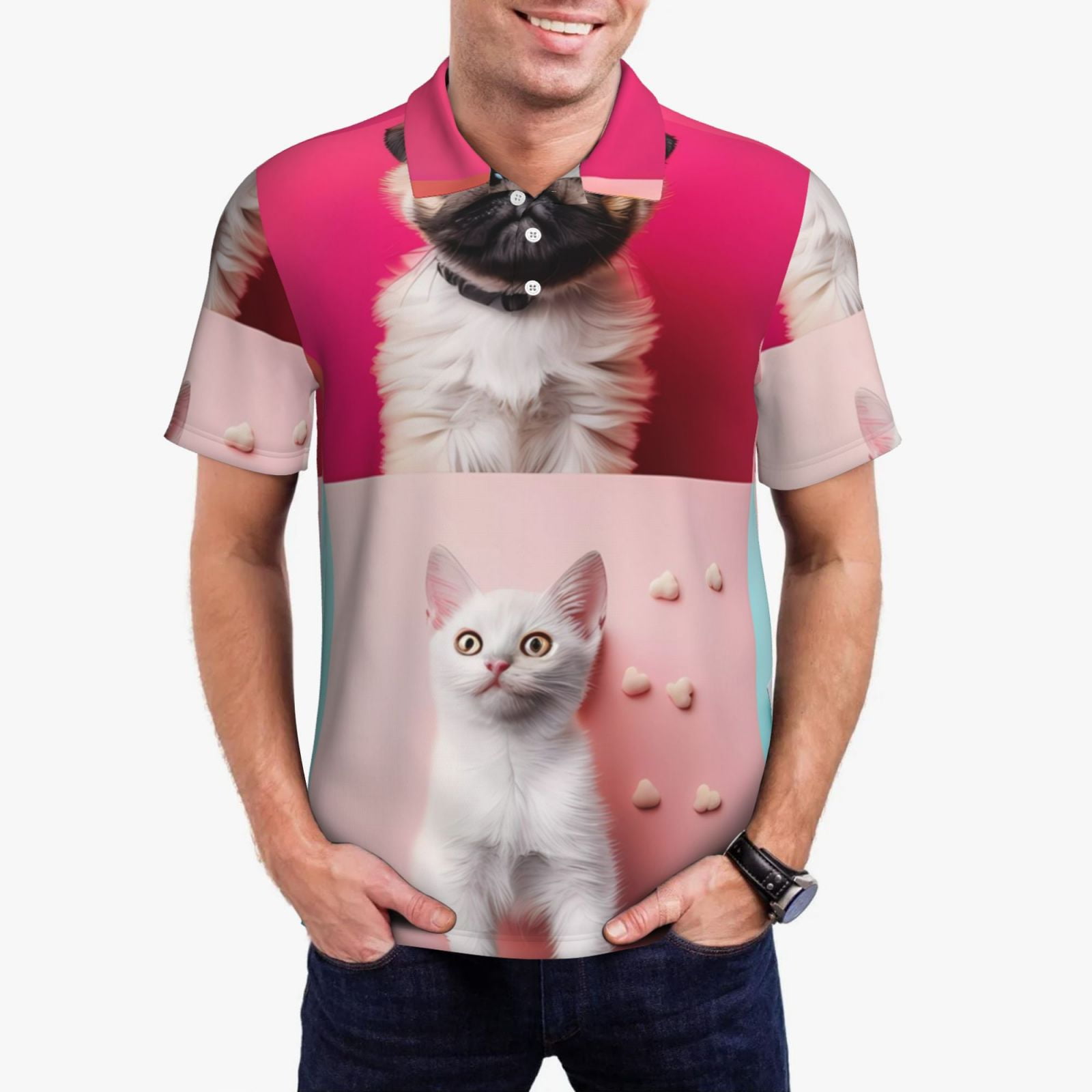 Qekee Colorful Dog Cat Collage for Mens Polo Shirts Casual Short Sleeve ...