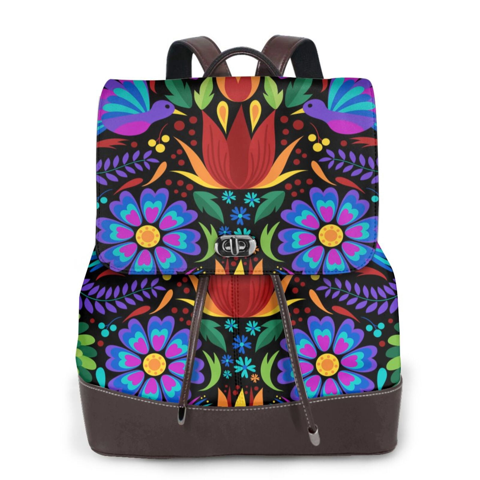 Qekee Colorful Floral Print Leather Backpack Purse for Women,Ladies ...