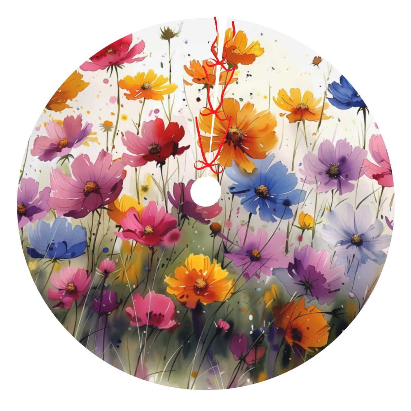 Qekee Colorful Wildflower Meadow Print Christmas Tree Skirt Red Tree ...