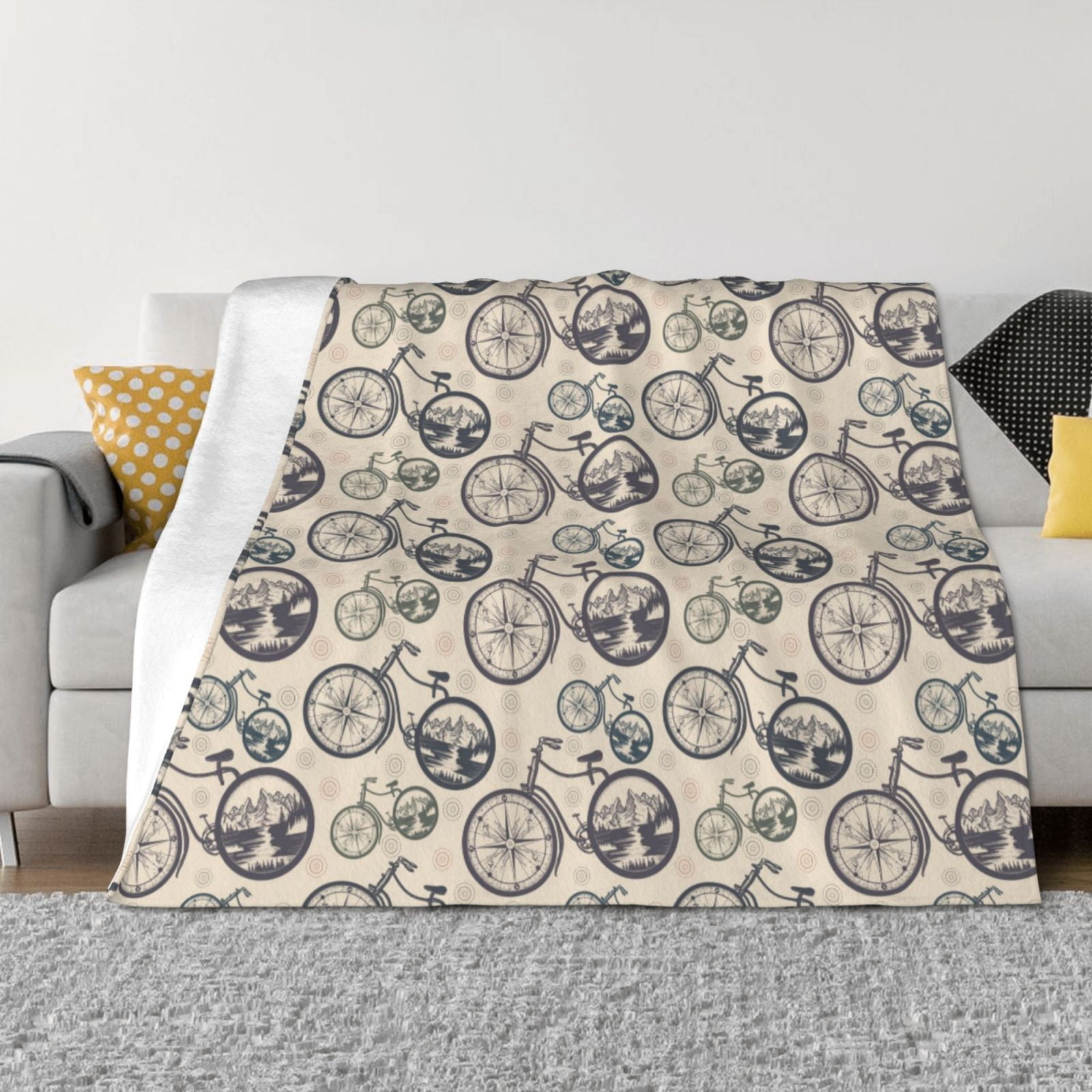 Qekee Compass And Mountains In Bicycle Wheels print Throw Blanket ...