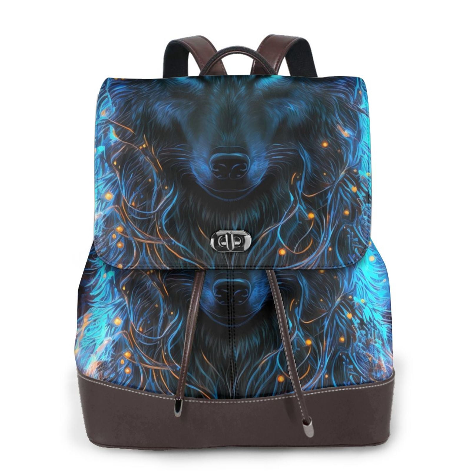 Qekee Cool Blue Light Wolf Print Leather Backpack Purse for Women ...