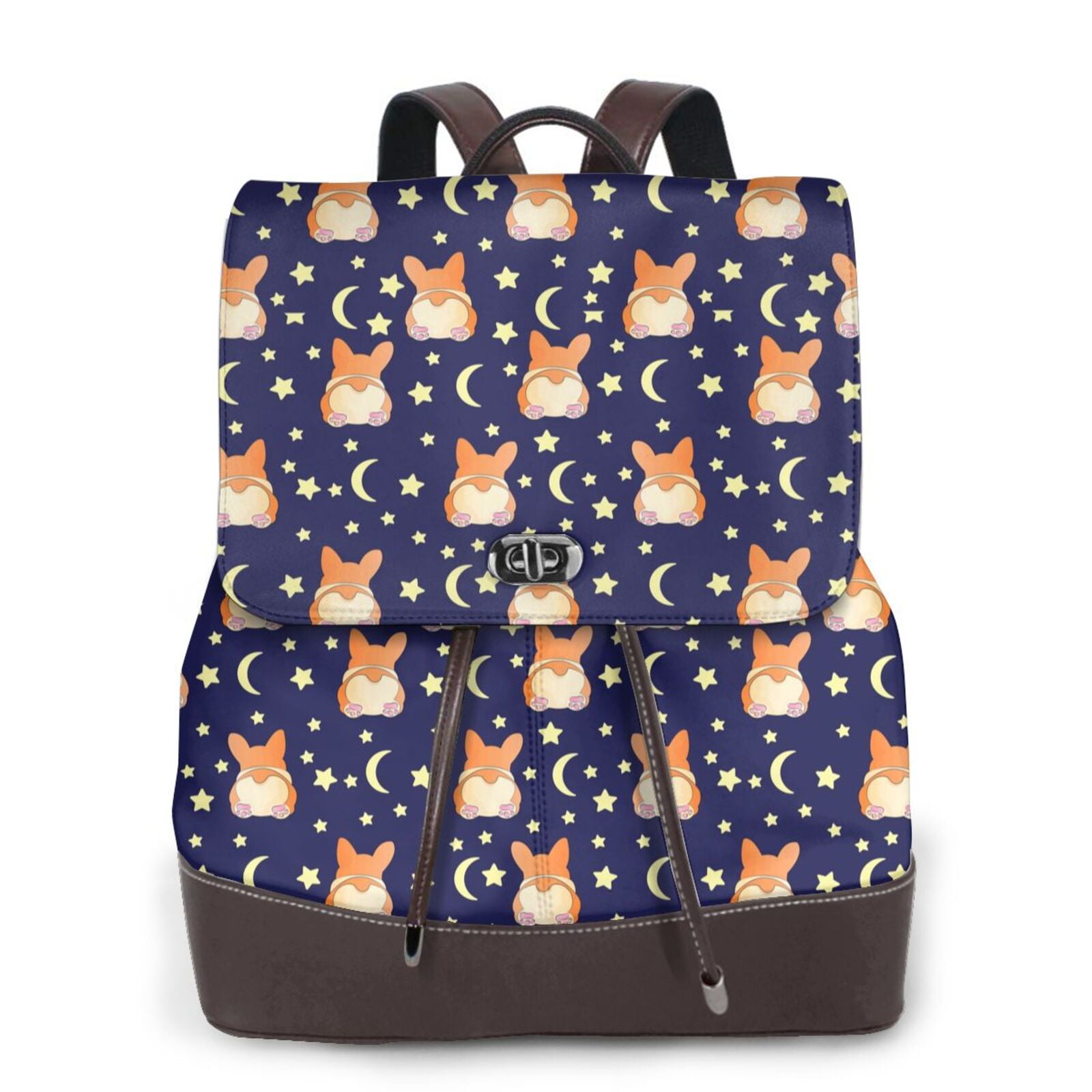 Qekee Corgi Lying With Moons And Stars Print Leather Backpack Purse for Women,Ladies Travel ...