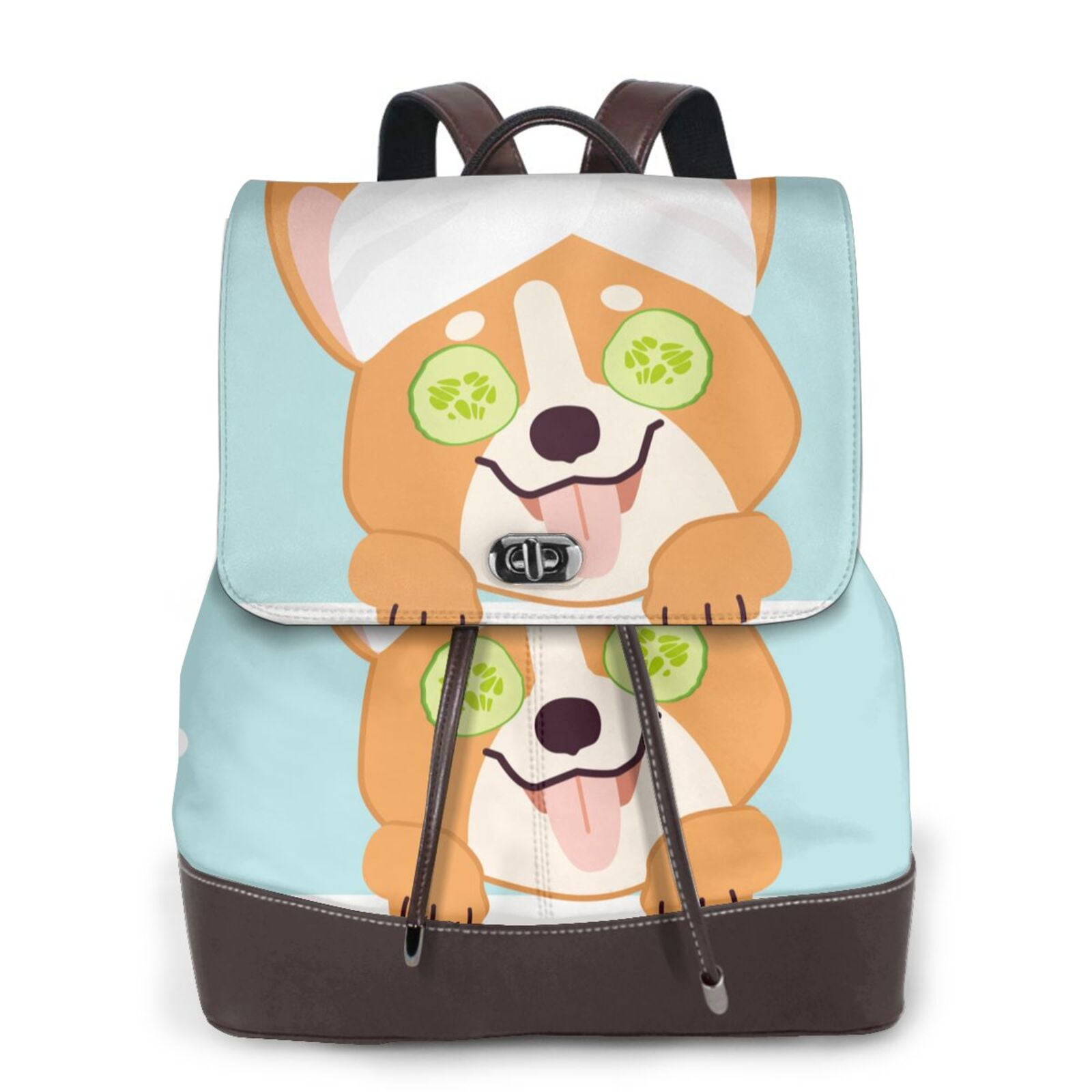 Qekee Corgi With Towel Ans Slice Cucumber Print Leather Backpack Purse ...