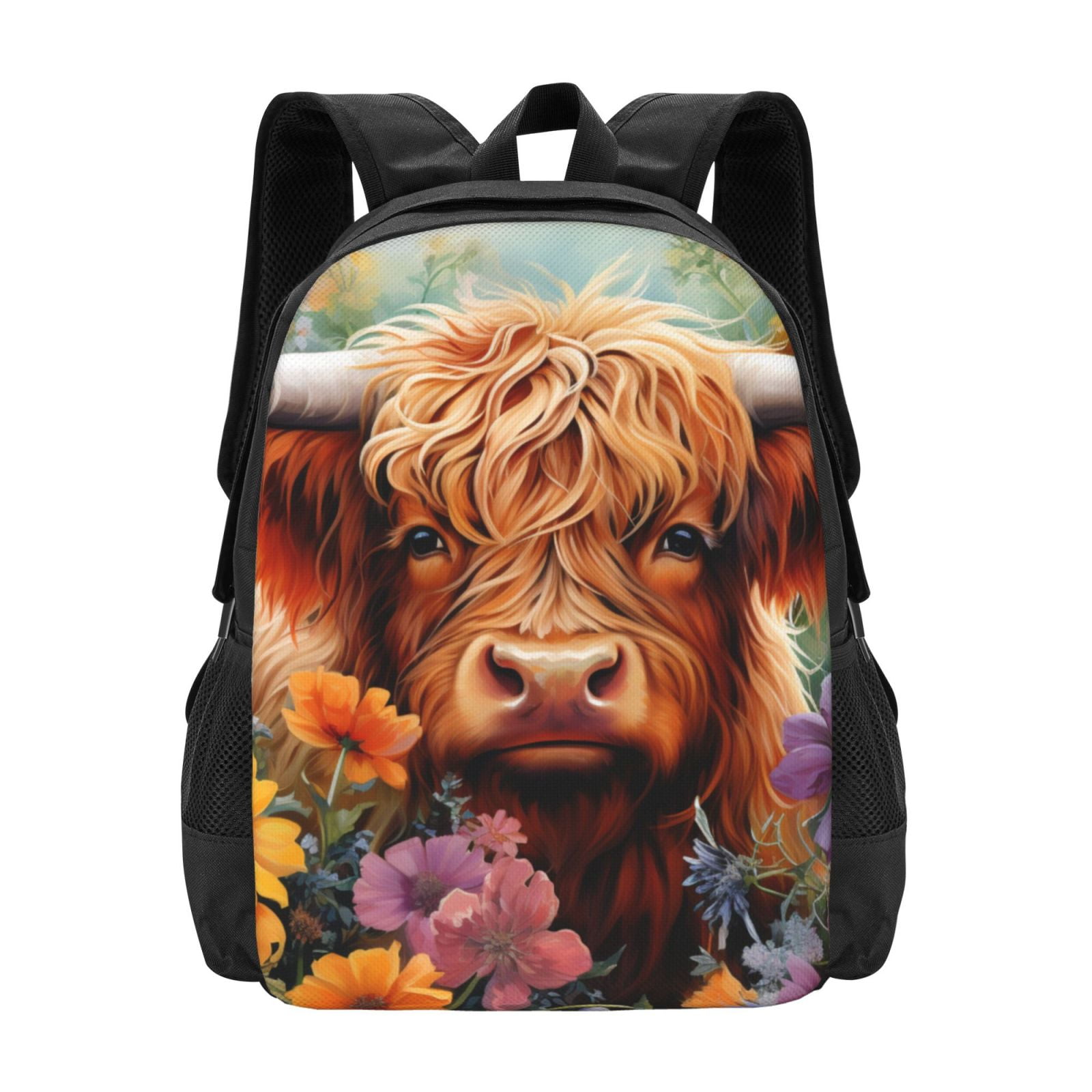 Qekee Countryside Colorful Floral Cow for Travel Laptop Backpack for ...