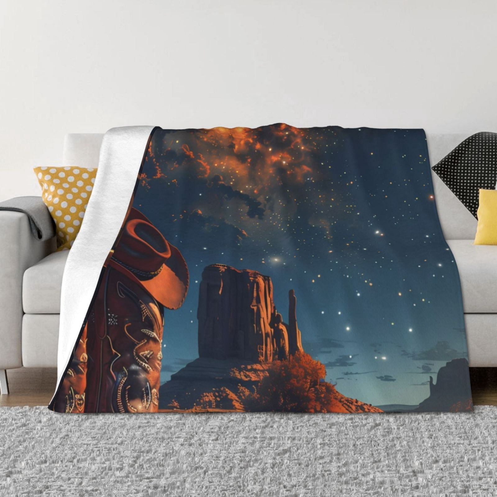 Qekee Cowboy Boots Under Starry Sky Print Throw Blanket, Flannel Home ...