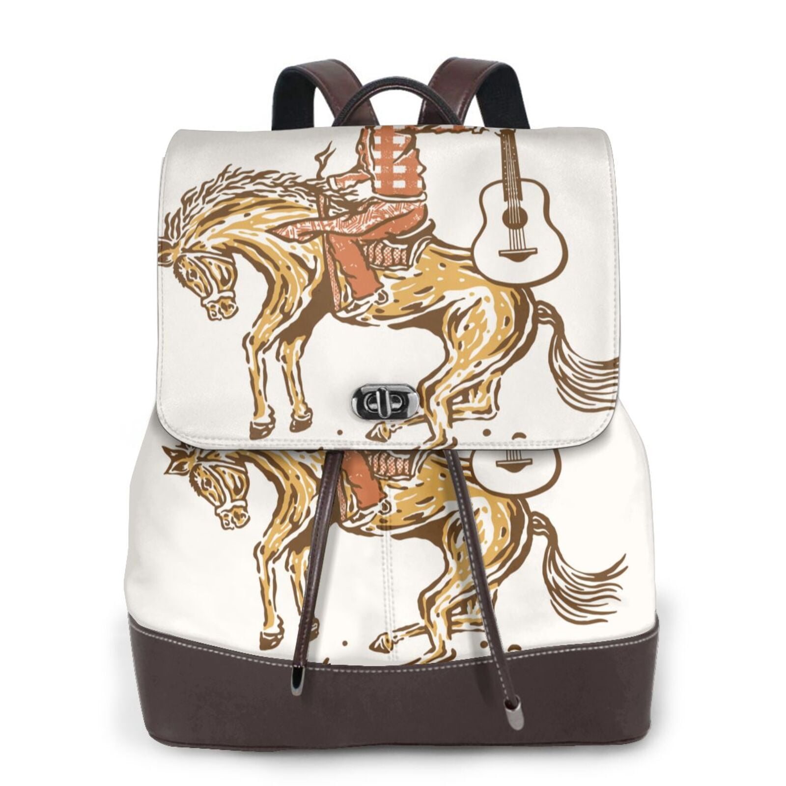 Qekee Cowboy Rodeo Guitar Print Leather Backpack Purse for Women,Ladies ...