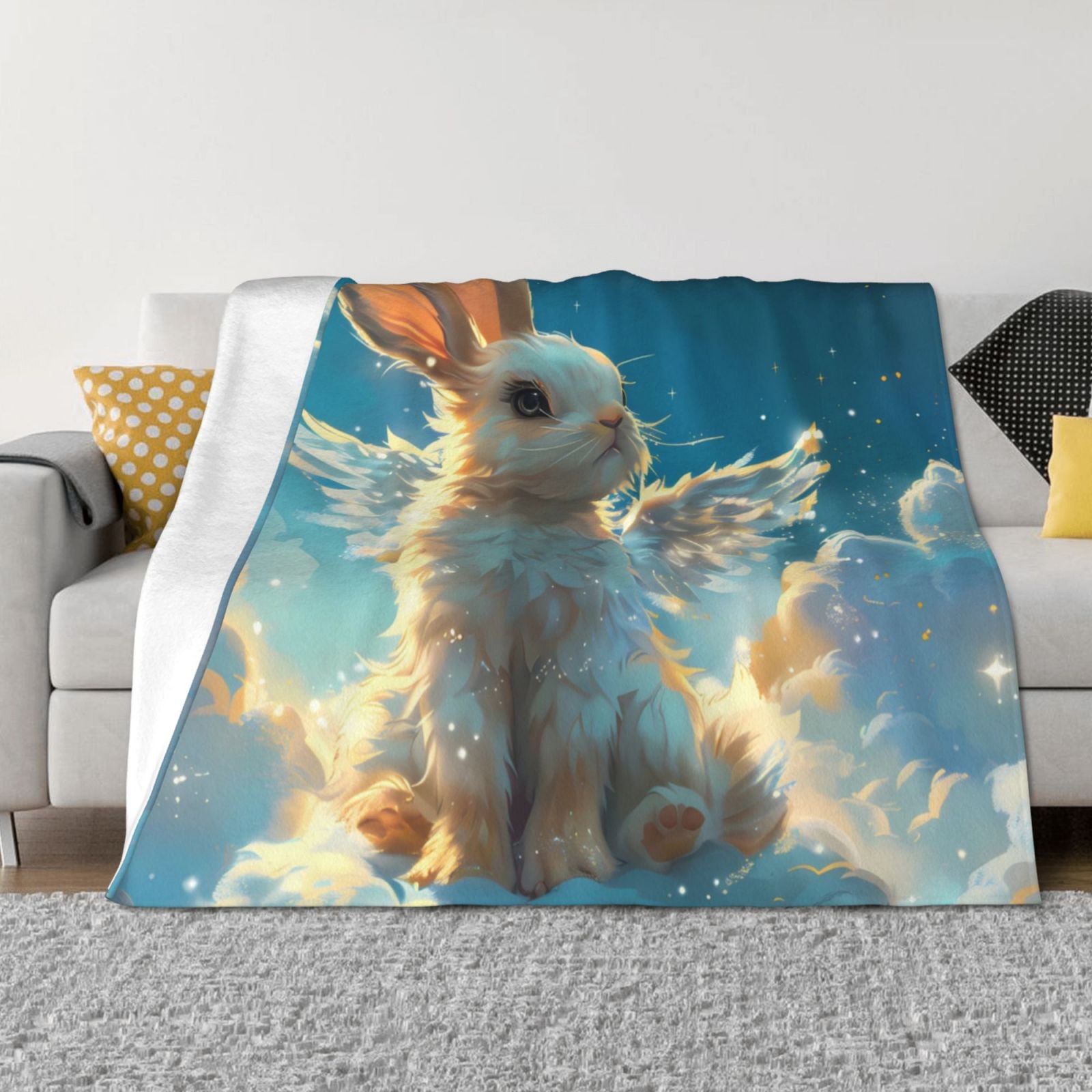 Qekee Cute Angel Winged Rabbit print Throw Blanket, Cotton Flannel Home ...
