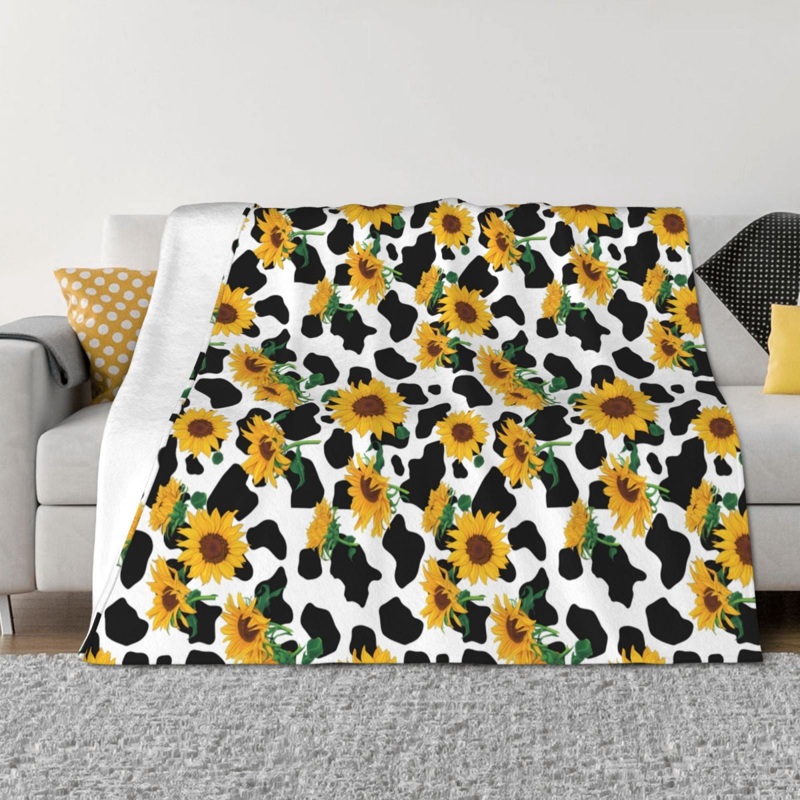 Qekee Cute Cow Print Sunflower A print Throw Blanket, Cotton Flannel ...