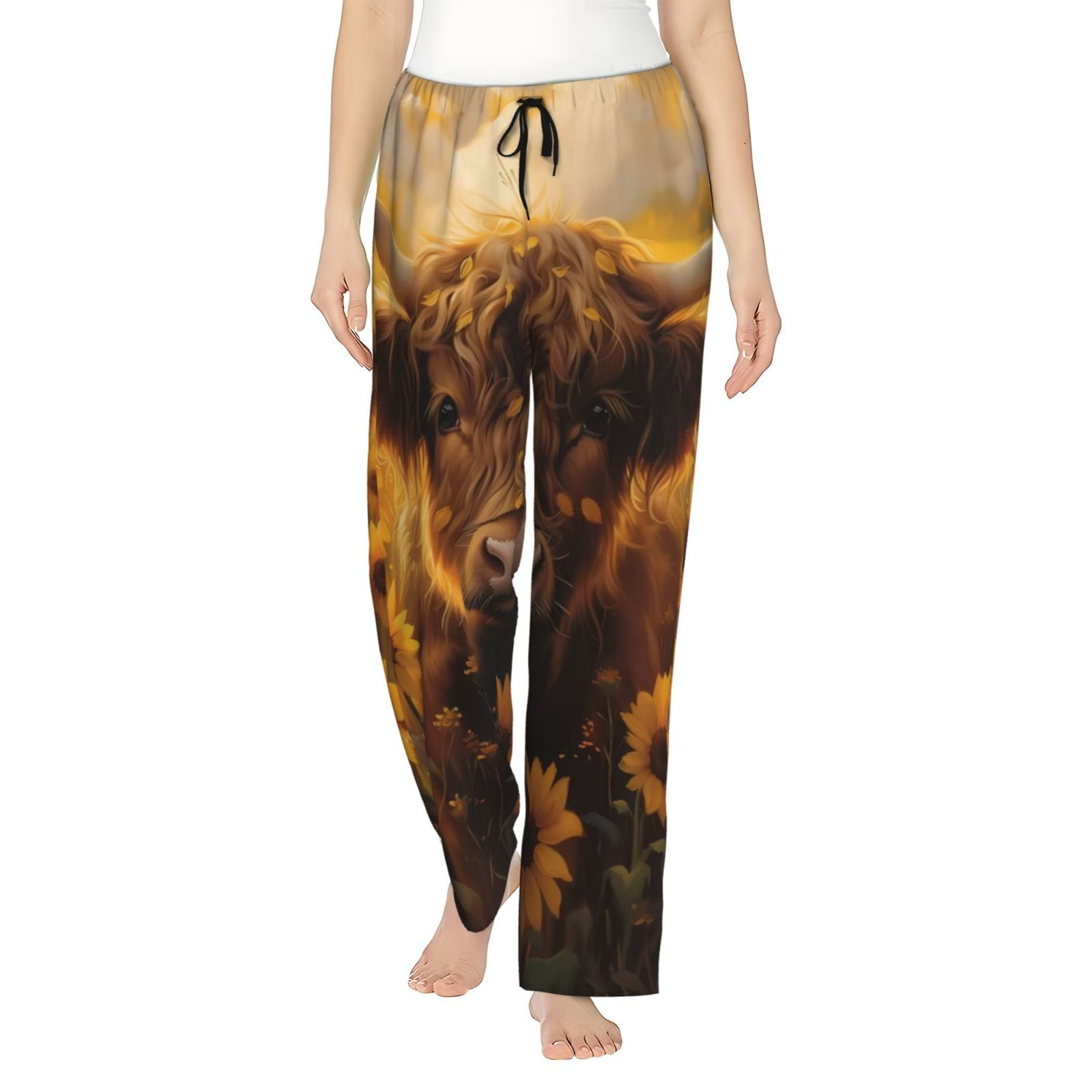 Qekee Cute Cow Sunflower Field Print Women Lounge Pants,Pajama Pants ...