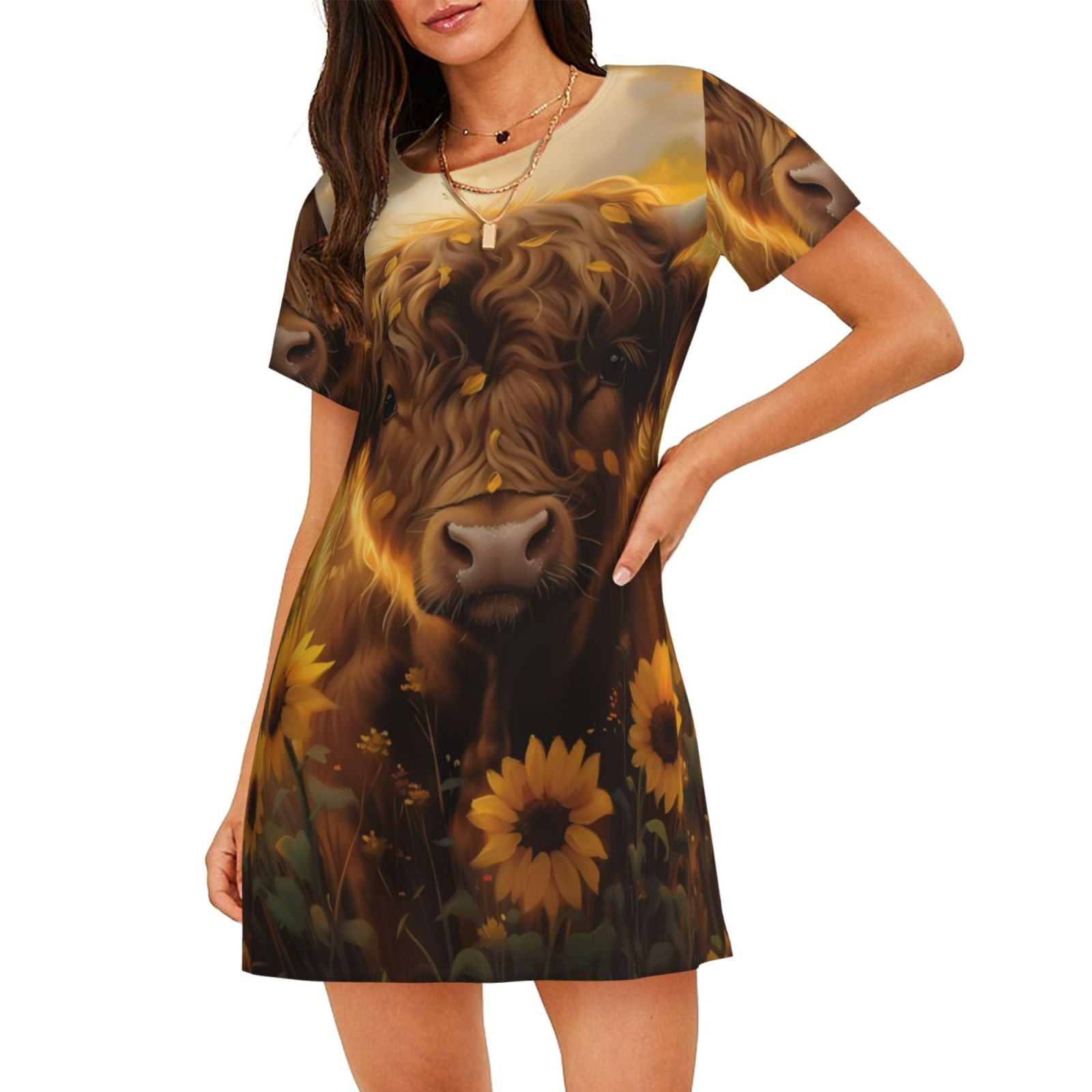 Qekee Cute Cow Sunflower Field Print Women's Nightgown,Soft Comfy ...