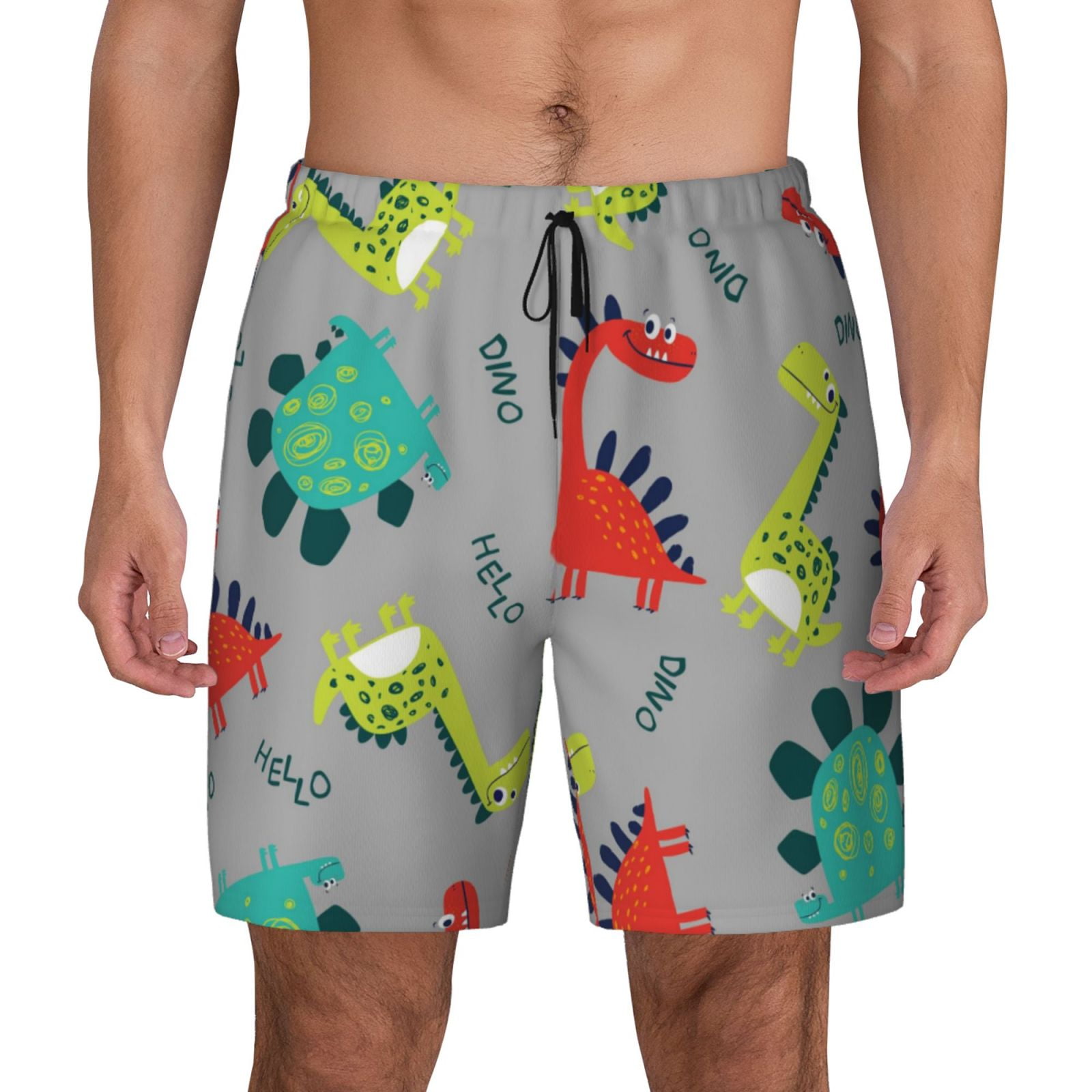 Qekee Cute Dinosaur print Mens Swim Quick Dry Stretch Swim Shorts ...