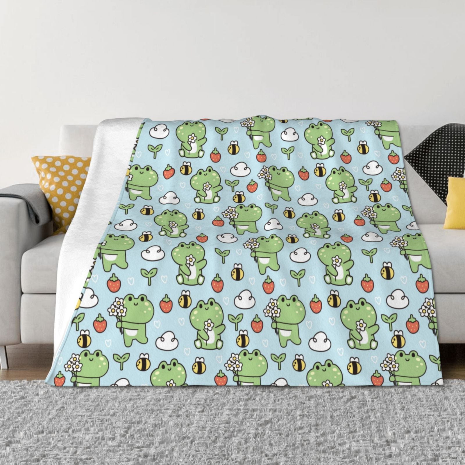 Qekee Cute Floral Frog print Throw Blanket, Cotton Flannel Home Decor ...