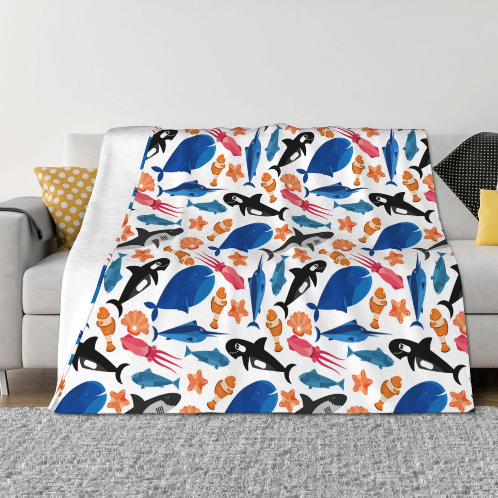 Qekee Cute Sea Animals print Throw Blanket, Cotton Flannel Home Decor ...